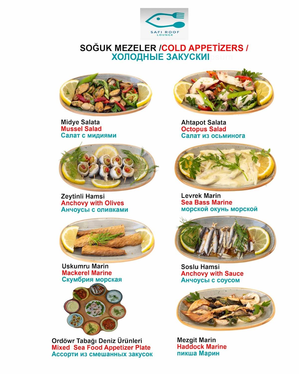 Menu at Safi Roof Lounge, Istanbul