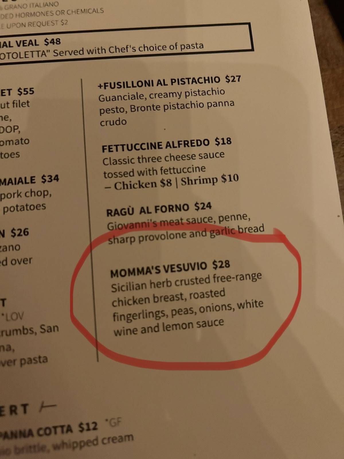 Menu at Safina restaurant, Milwaukee