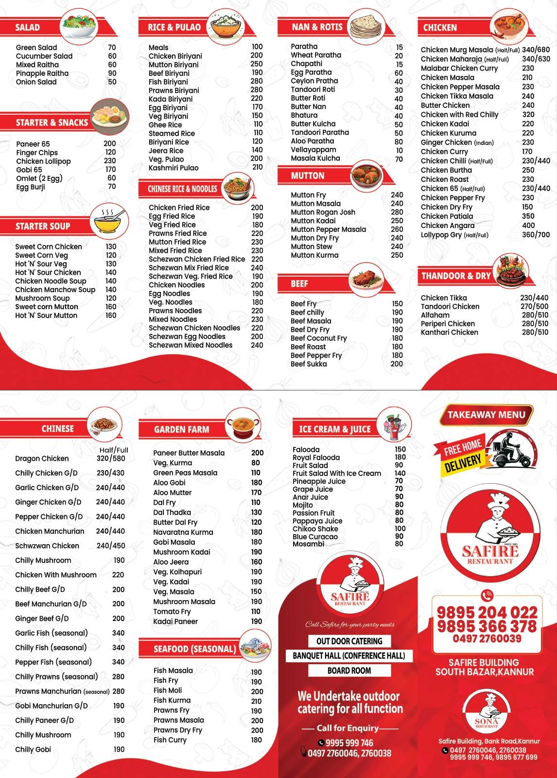 Menu at Safire Restaurant, Kannur, NH 66