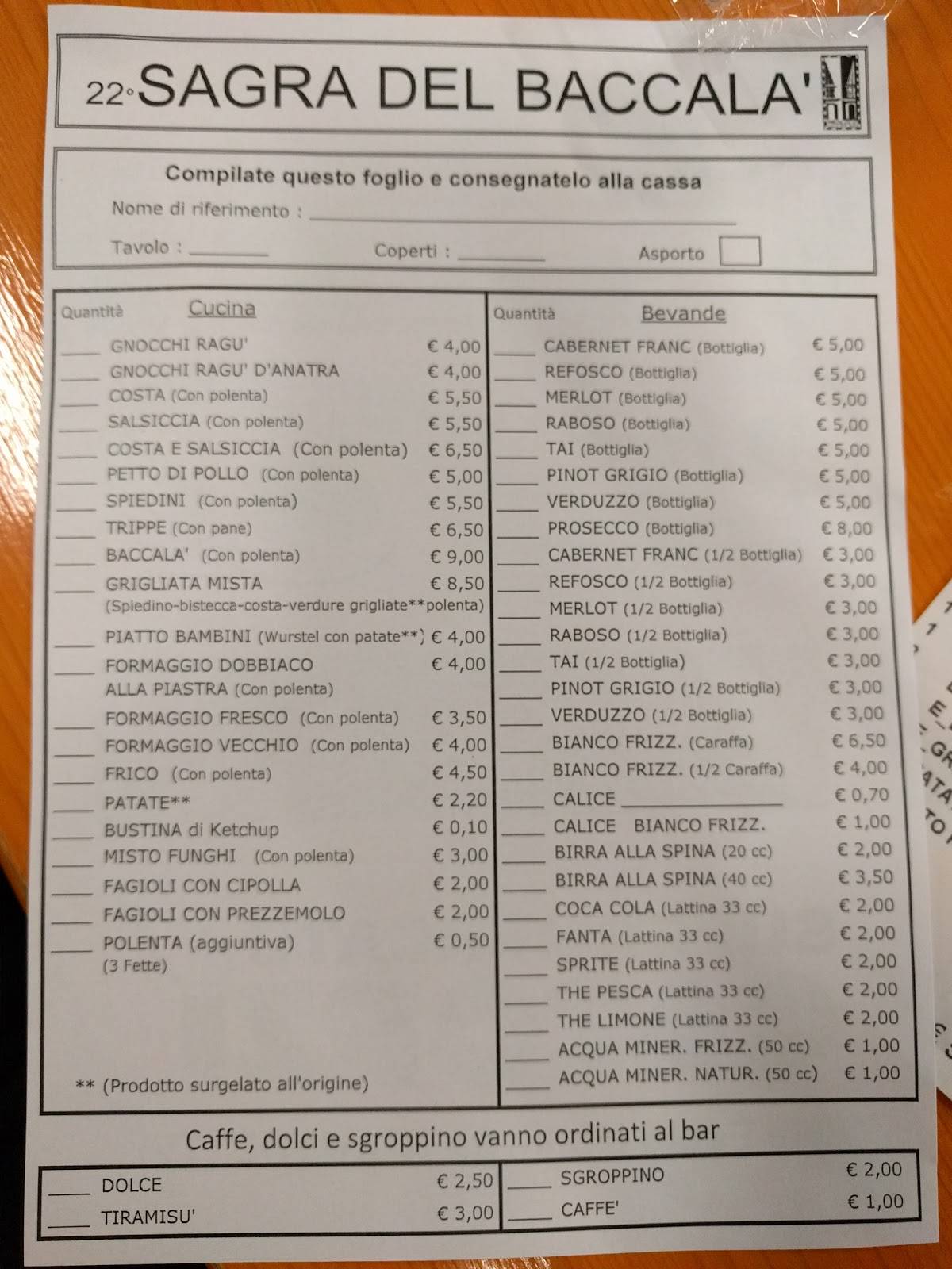 Menu at Sagra del Baccalà club, Ghirano