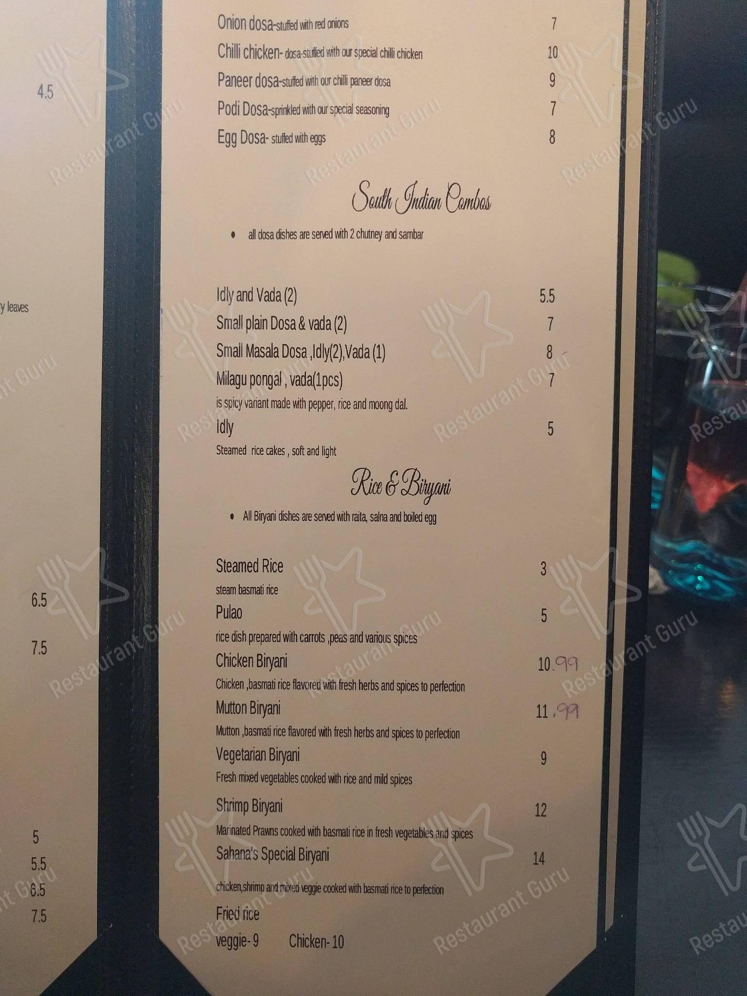 Menu at Sahana's Srilankan and South Indian Fusion restaurant, Calgary