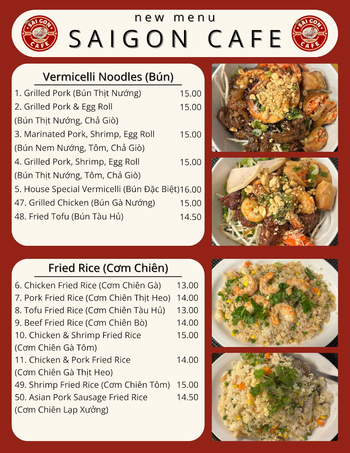 Menu at Saigon Cafe, Bellingham