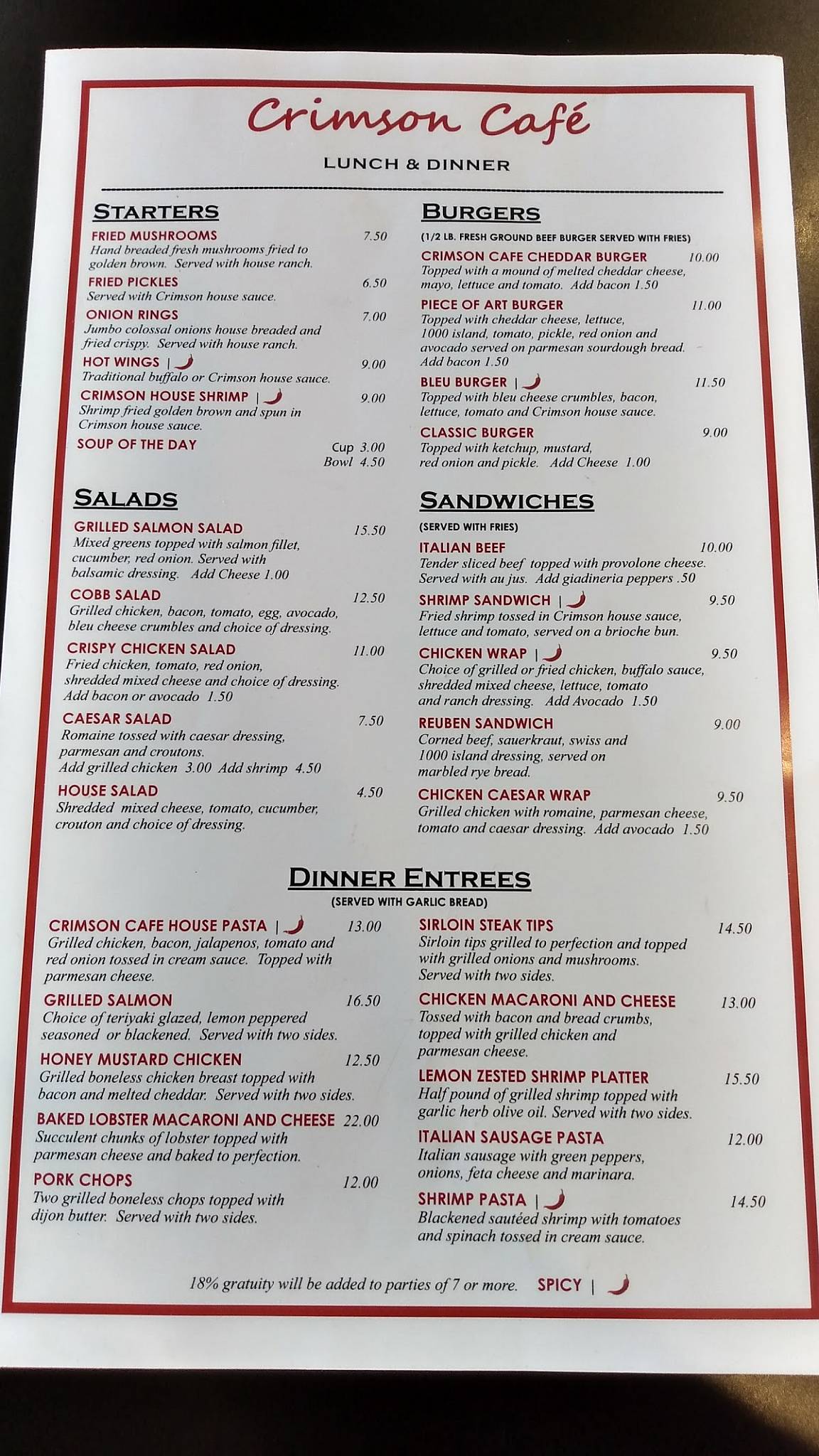Menu at Crimson Cafe, Saint Joseph