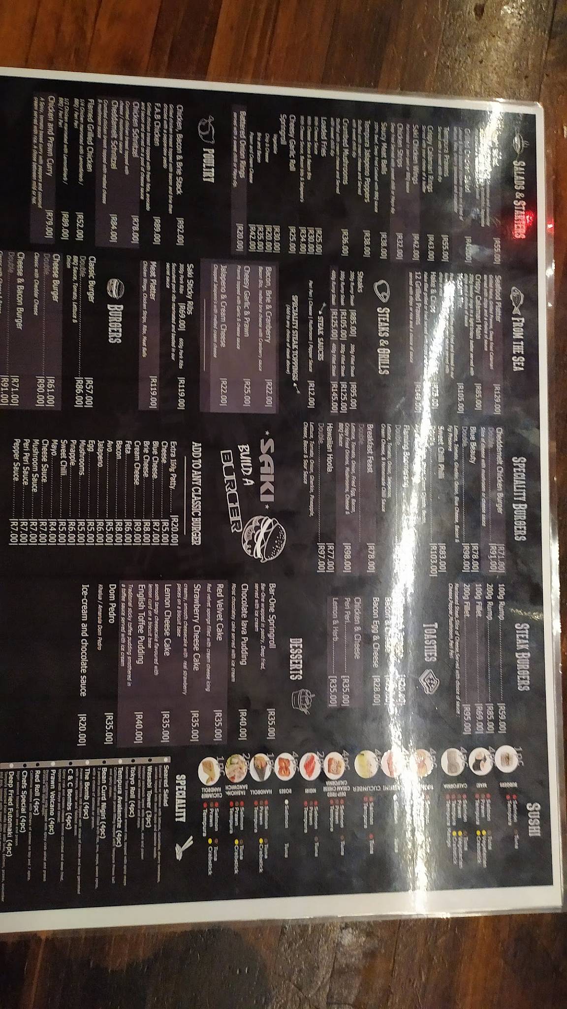 Menu at Saki pub & bar, Pietermaritzburg