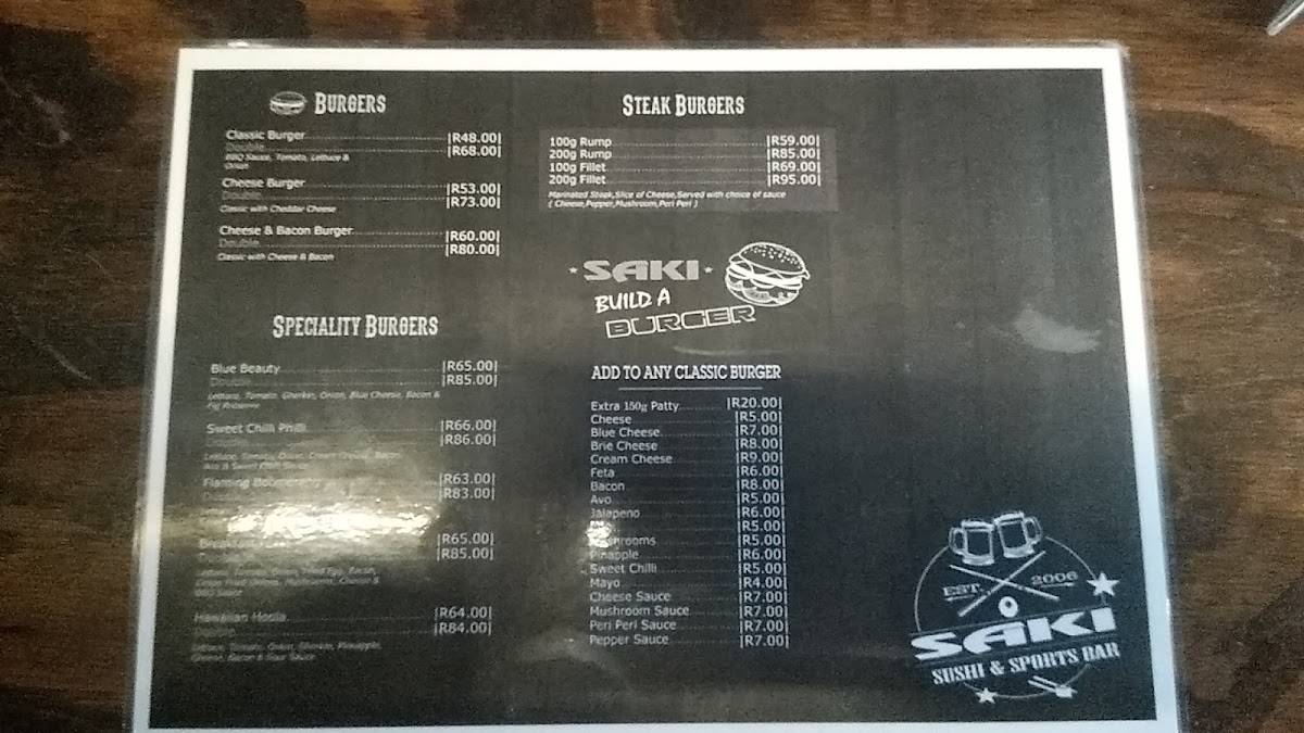 Menu at Saki pub & bar, Pietermaritzburg