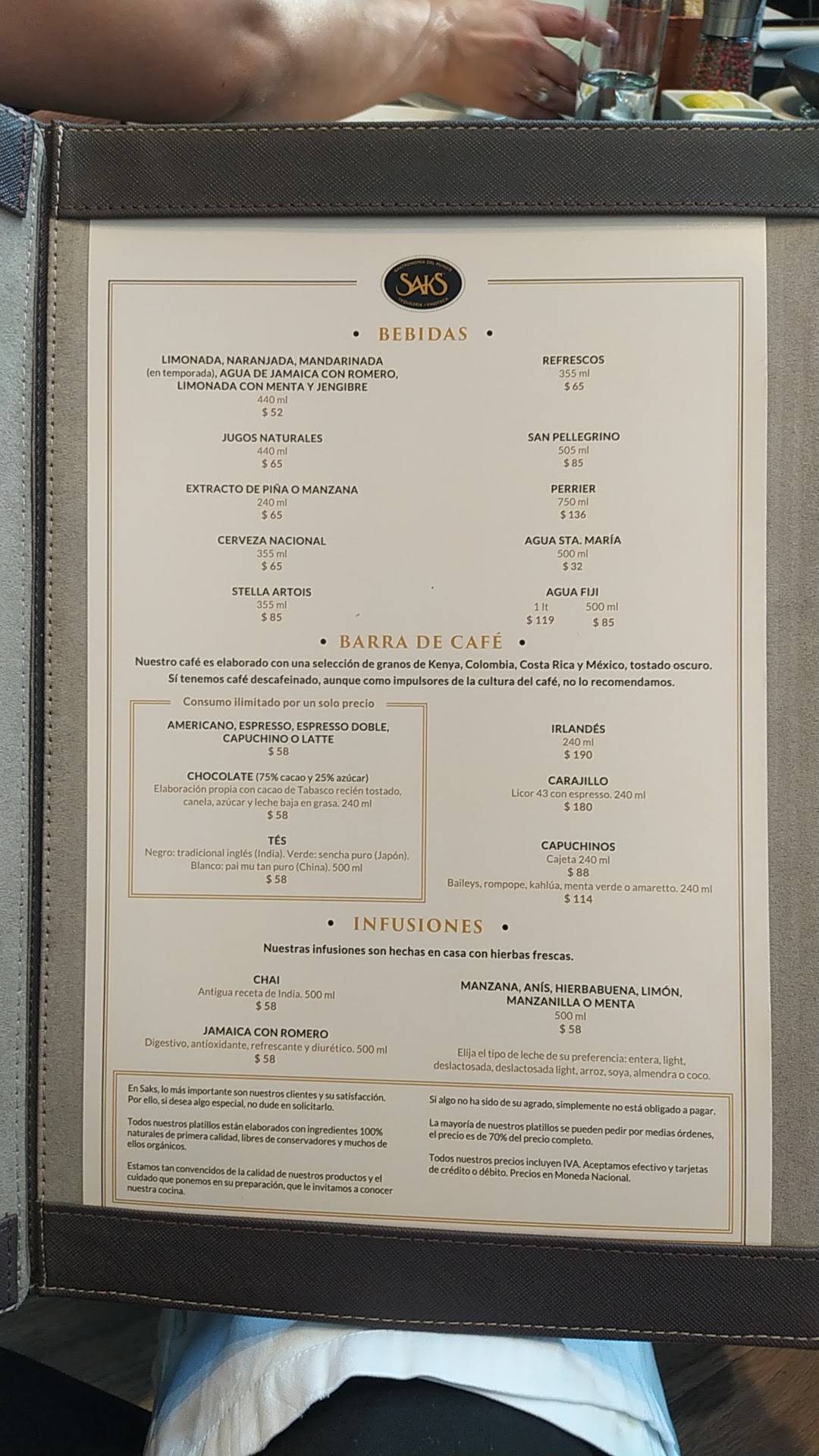 Carta del restaurante Saks Polanco, Ciudad López Mateos, Campos Eliseos