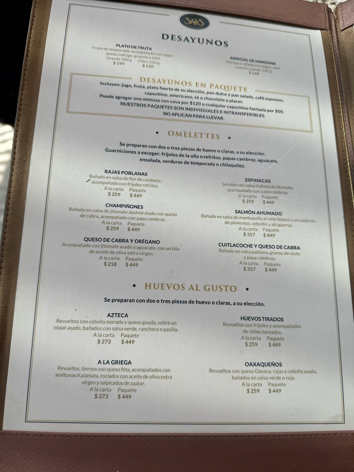 Carta del restaurante Saks Polanco, Ciudad López Mateos, Campos Eliseos