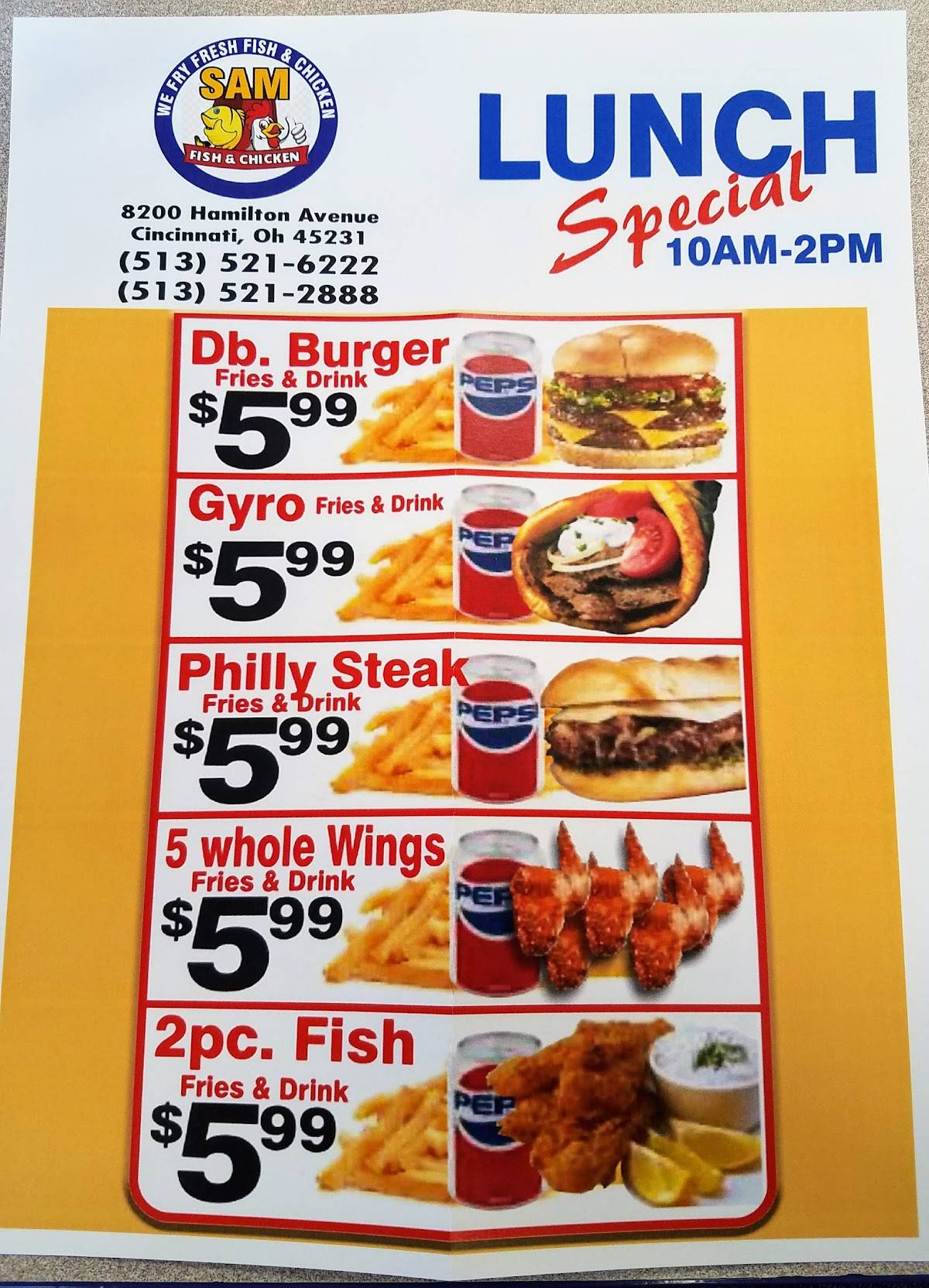 Menu at Sam Fish & Chicken restaurant, Mount Healthy