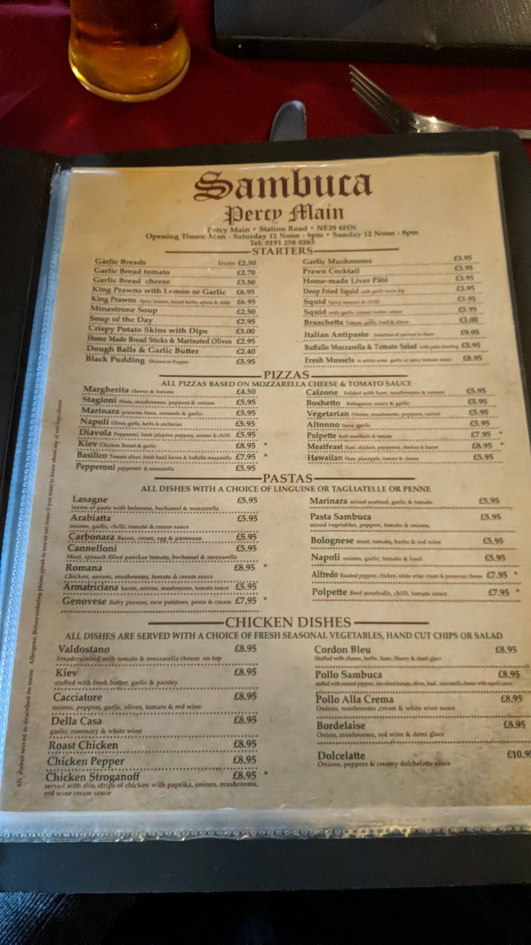 Menu at Sambuca Percy Main restaurant, North Shields