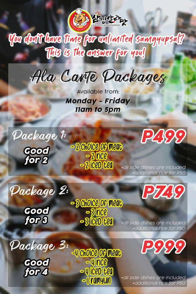 Menu at Samgyupsalamat restaurant, Plaridel