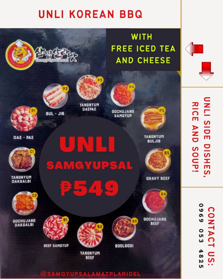 Menu at Samgyupsalamat restaurant, Plaridel