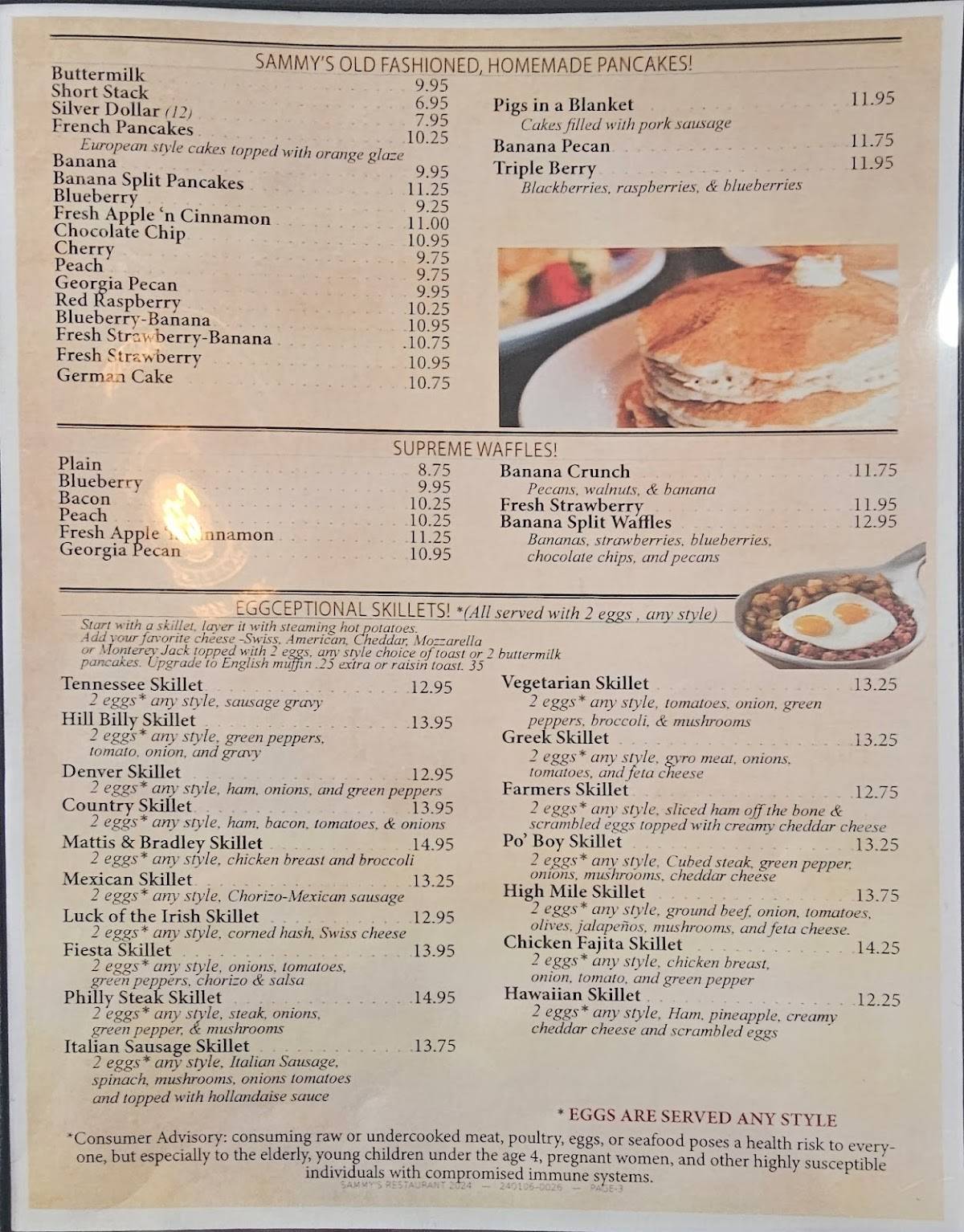 Menu at Sammy's Pancake House restaurant, Champaign
