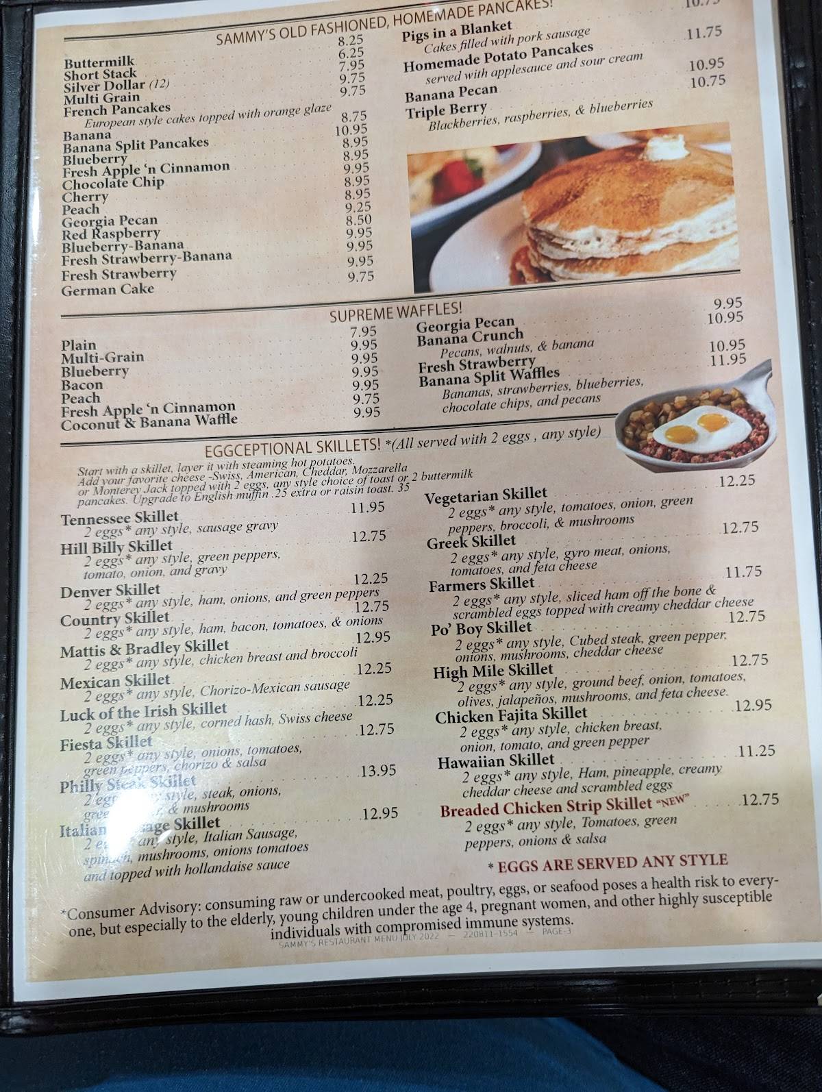 Menu at Sammy's Pancake House restaurant, Champaign