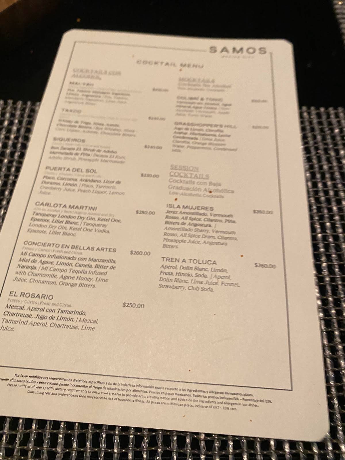 Carta del restaurante SAMOS - The Ritz Carlton México City, Ciudad del ...