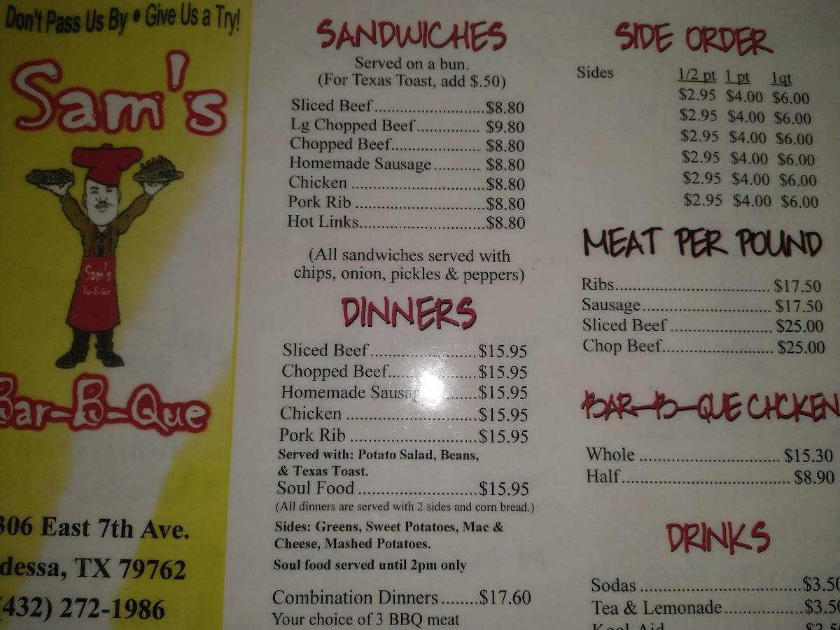 Menu at Sam's BBQ, Odessa