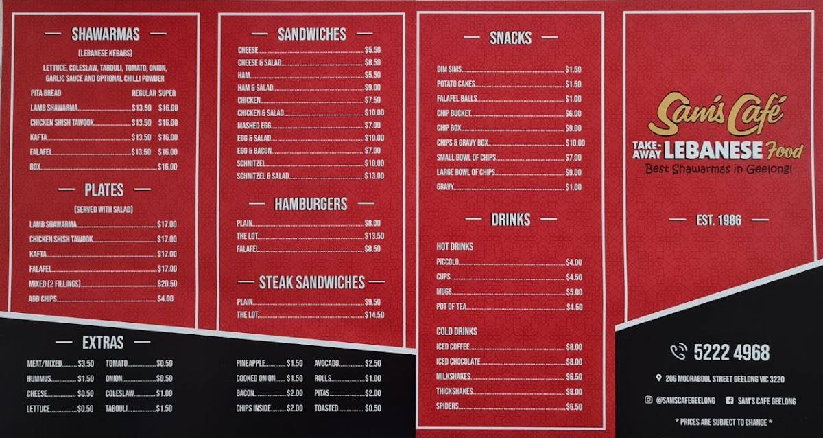 Menu at Sam's Cafe Geelong, Geelong