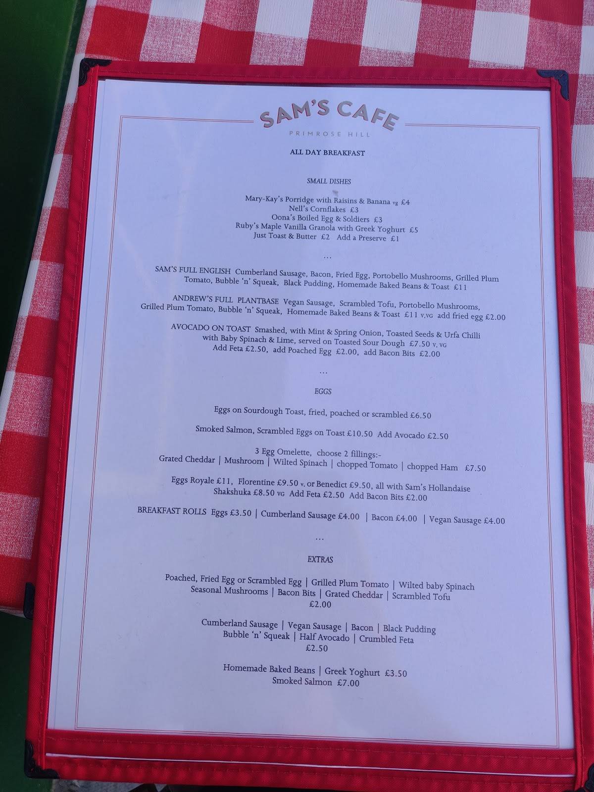 Menu at Sam's Cafe Primrose Hill, London, 40 Chalcot Rd