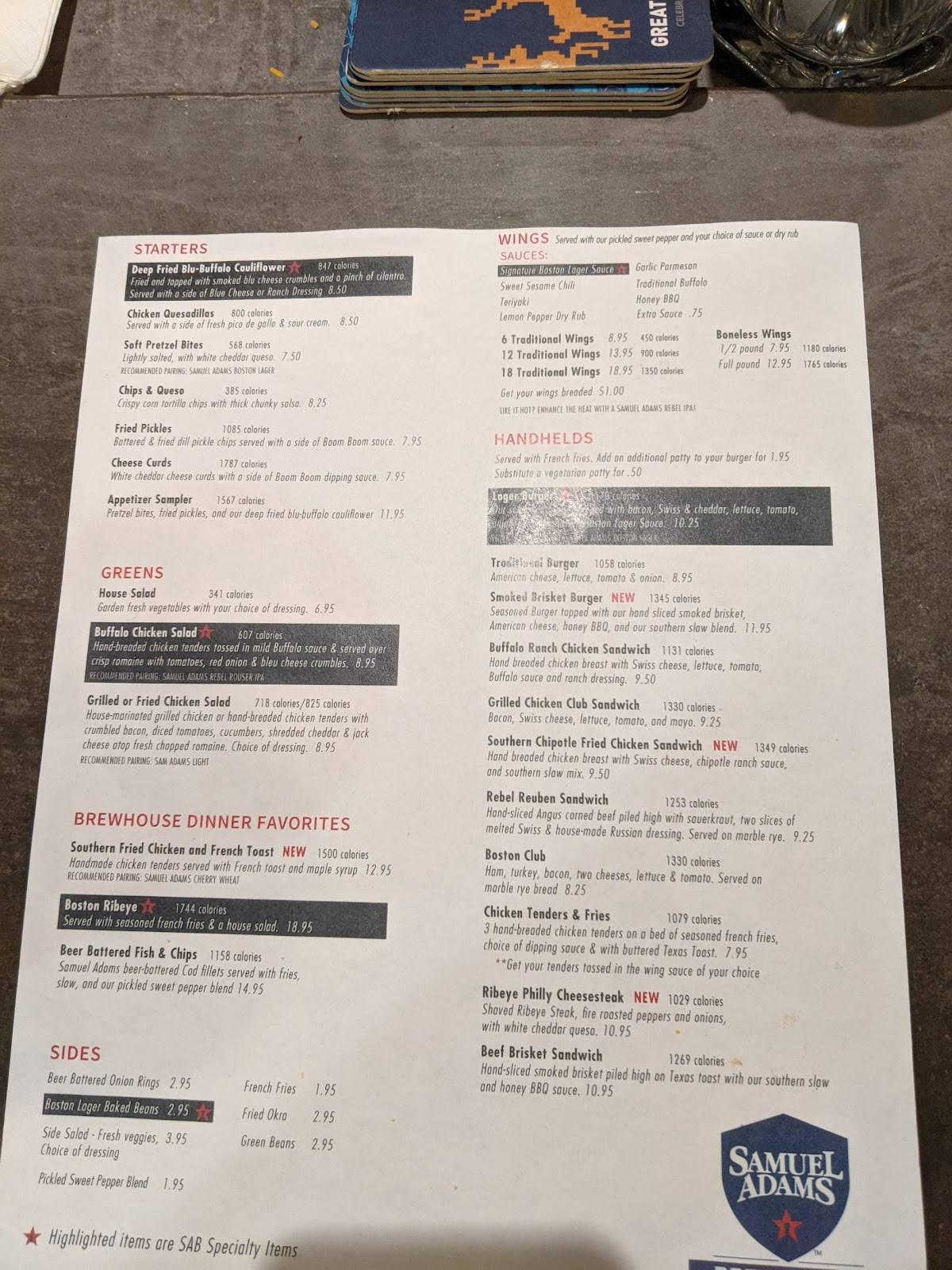 Menu at Samuel Adams Brewhouse pub & bar, Fort Knox