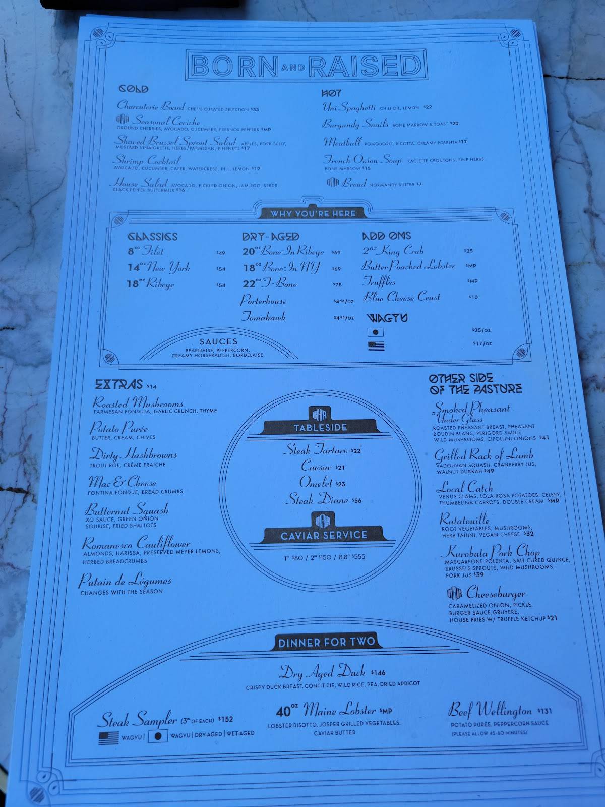 Menu at Born and Raised steakhouse, San Diego, India St
