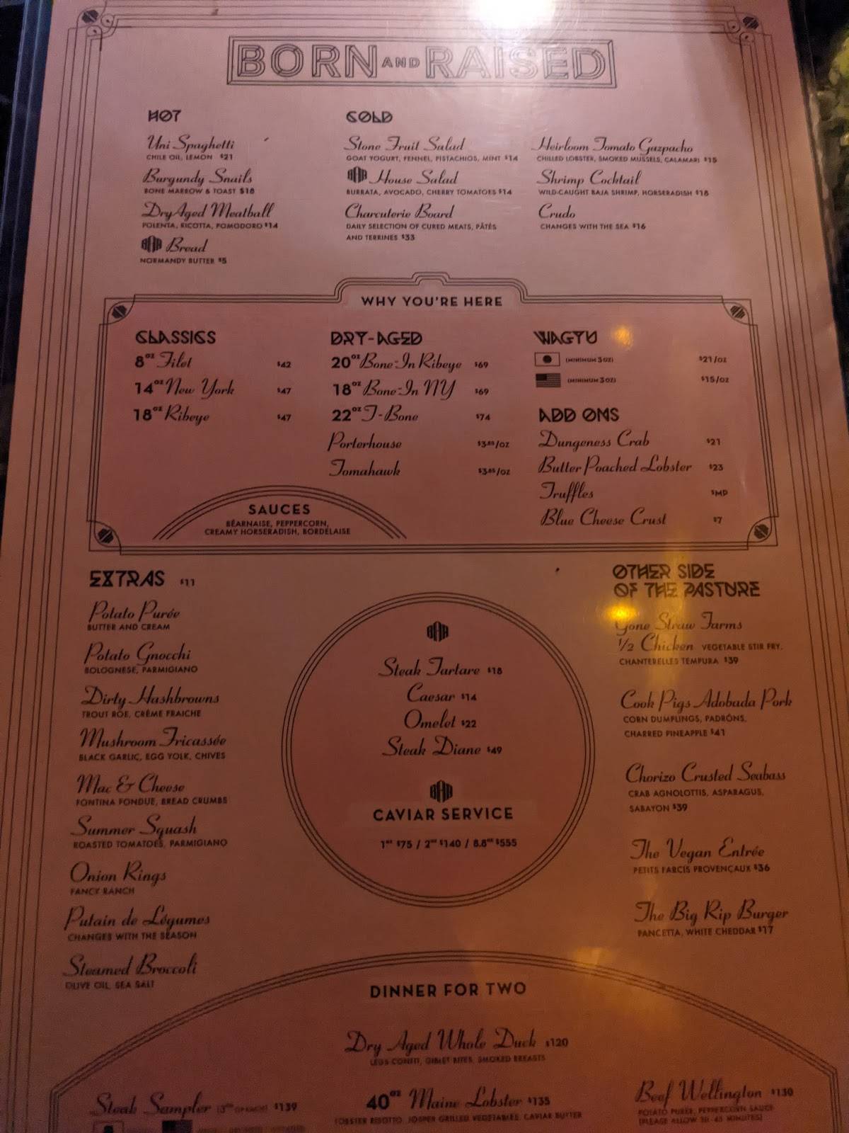 Menu at Born and Raised steakhouse, San Diego, India St