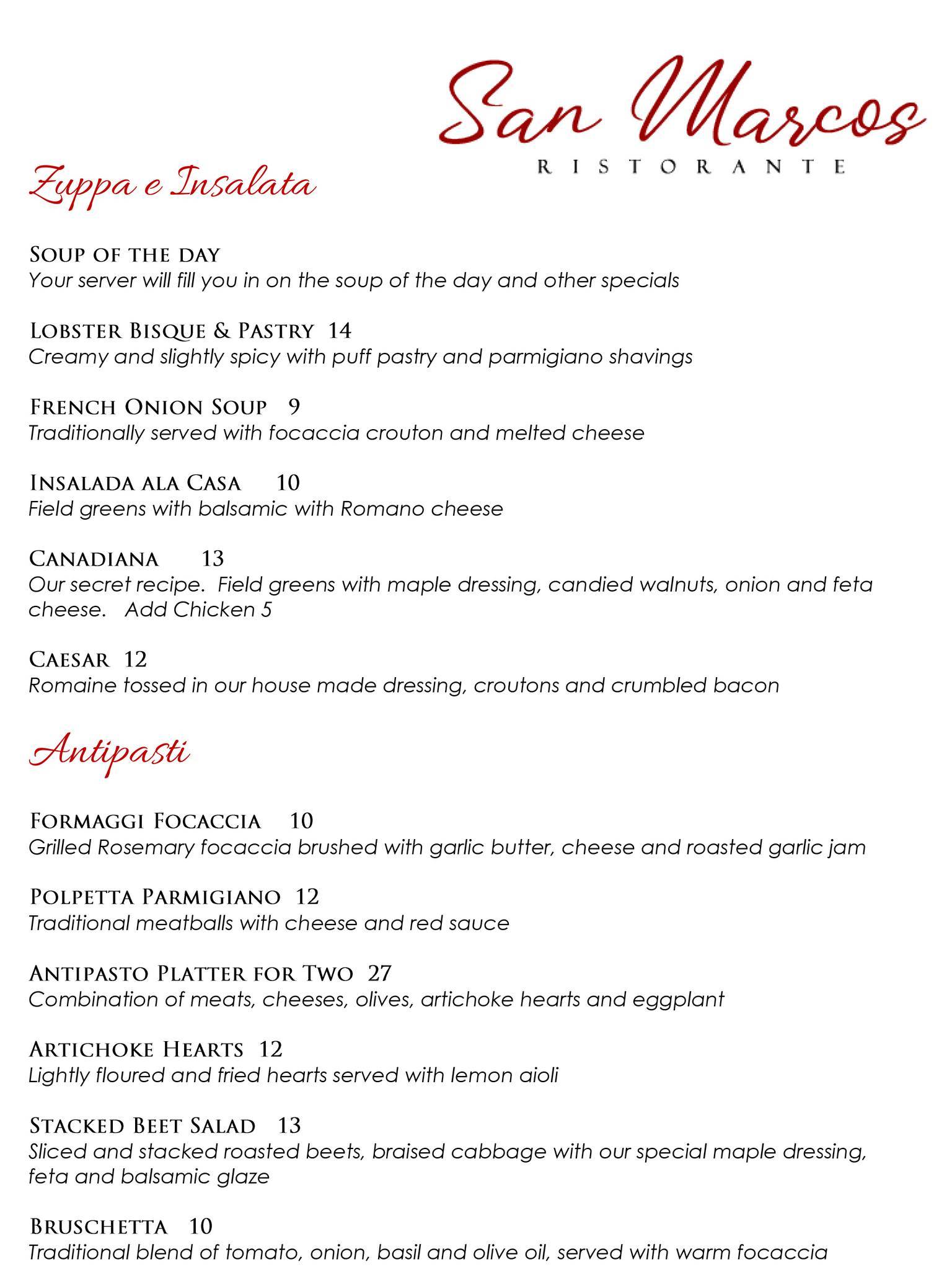 Menu at San Marco's Ristorante restaurant, Port Colborne