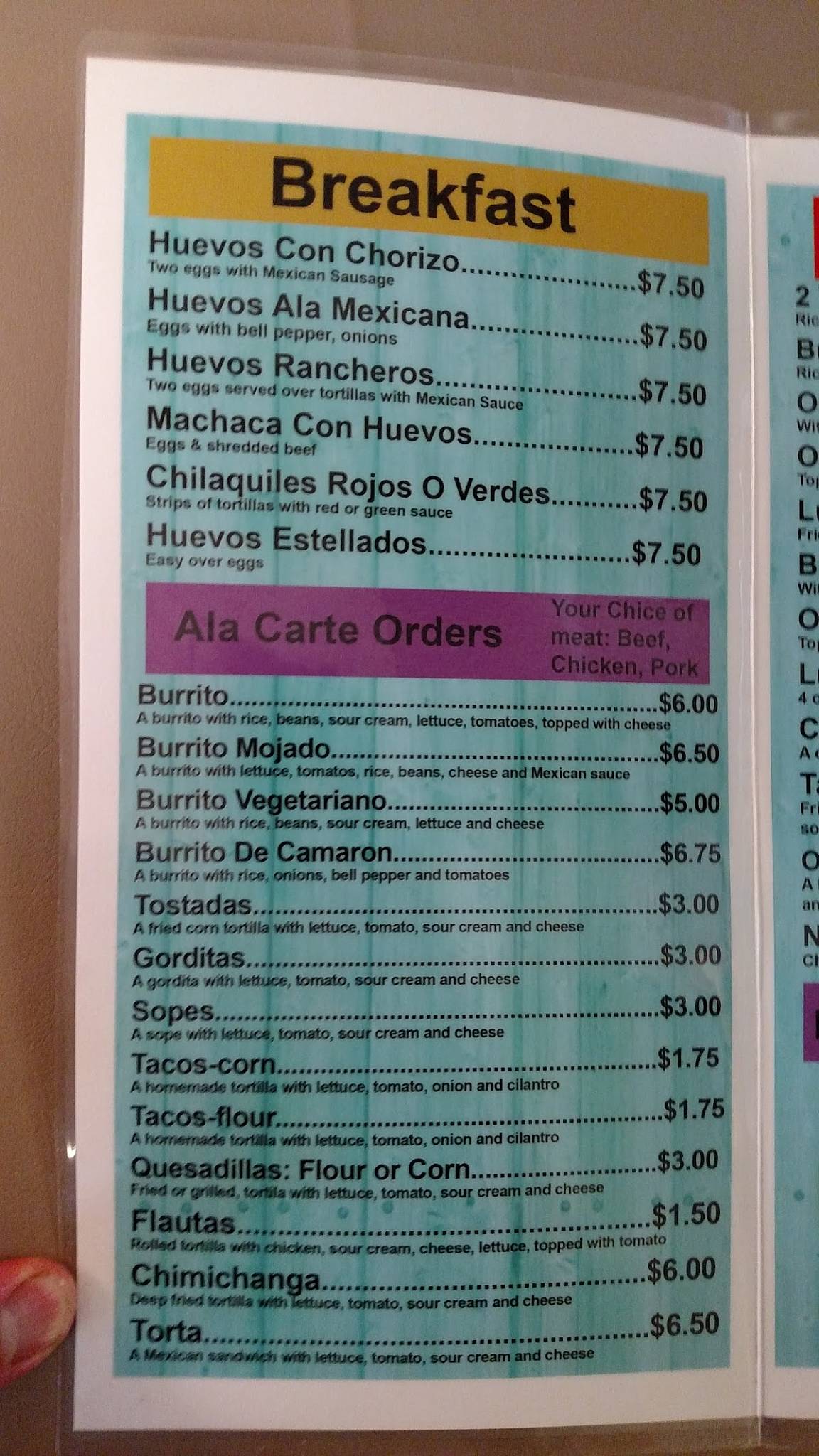 Menu at Santa Fe restaurant, Okeechobee