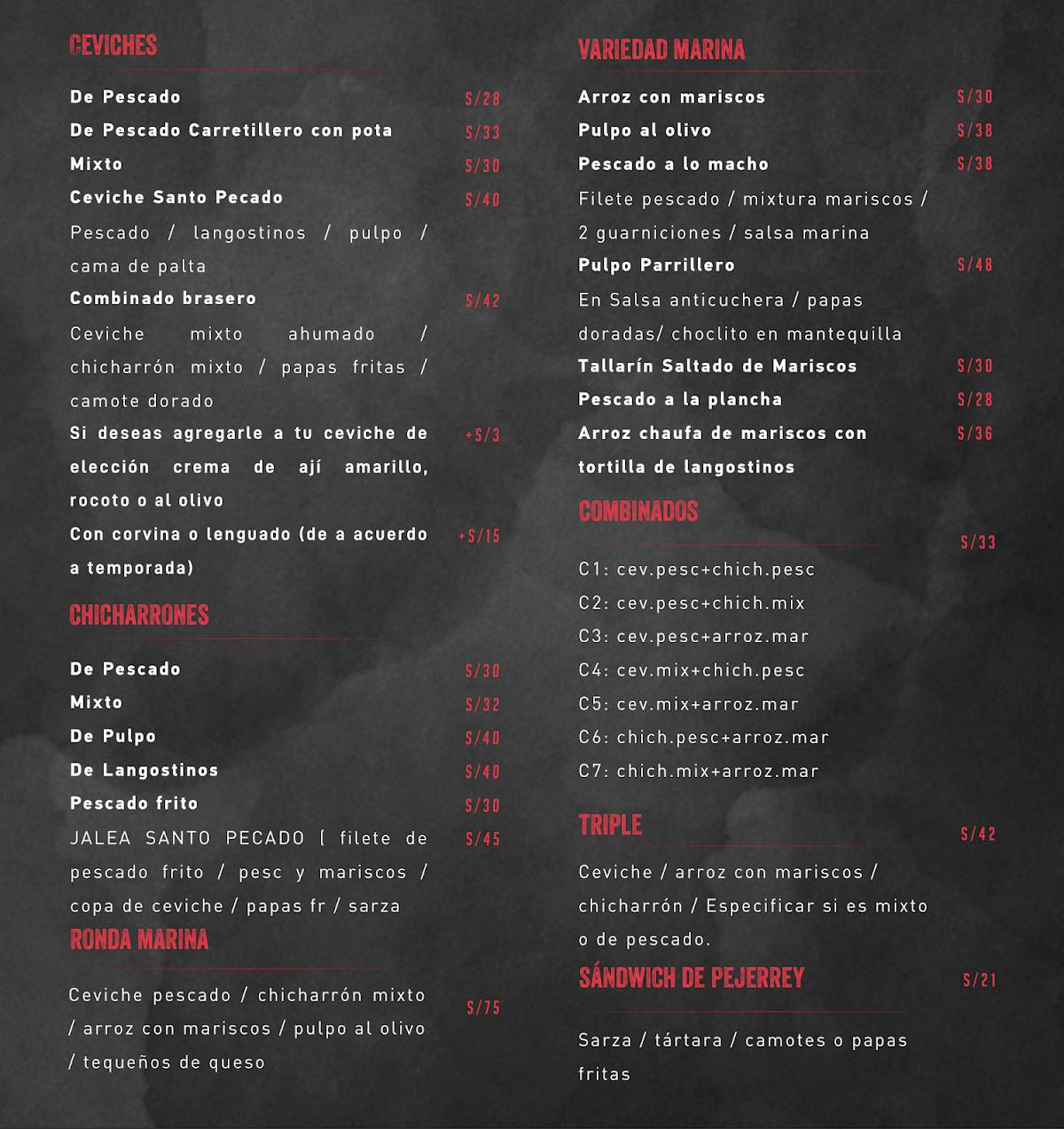 Carta de Santo Pecado Restaurante, Tacna