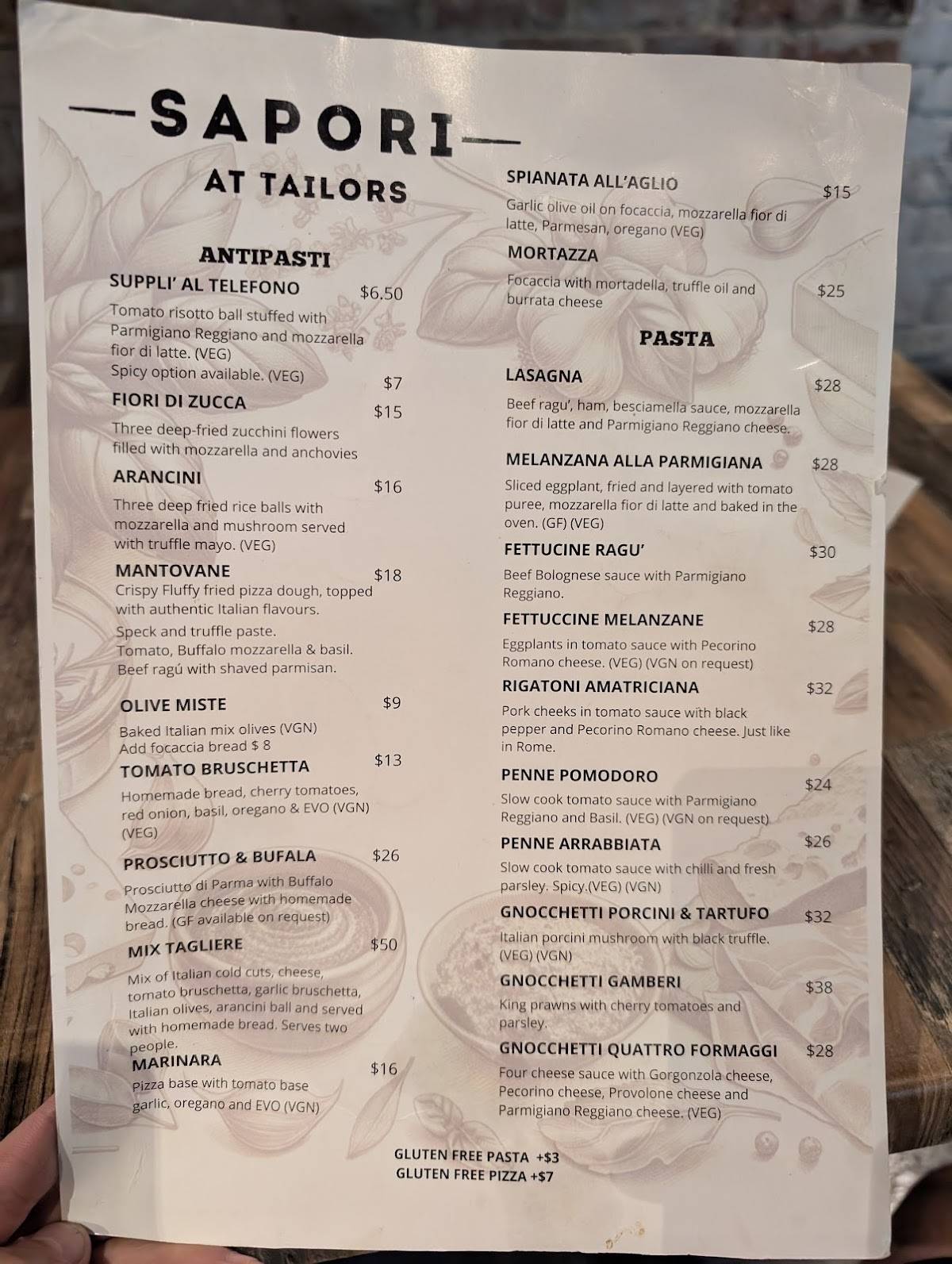 Menu at Sapori at Tailors restaurant, Islington