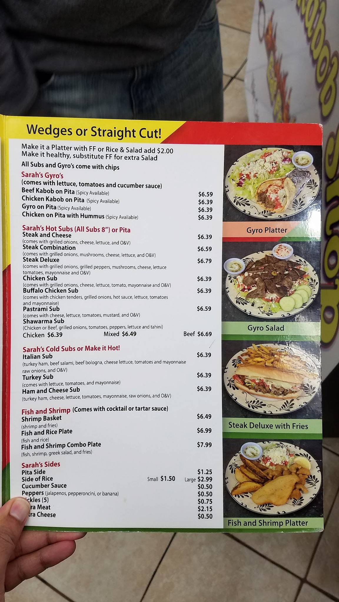 Menu at Sarah's Kabob Shop restaurant, Greensboro, 5553 W Market St