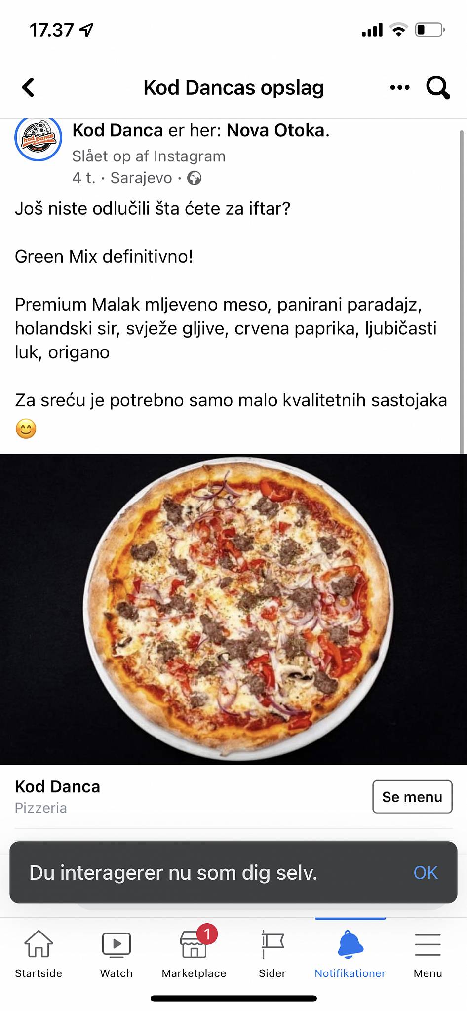Carta del restaurante kod Danca, Sarajevo