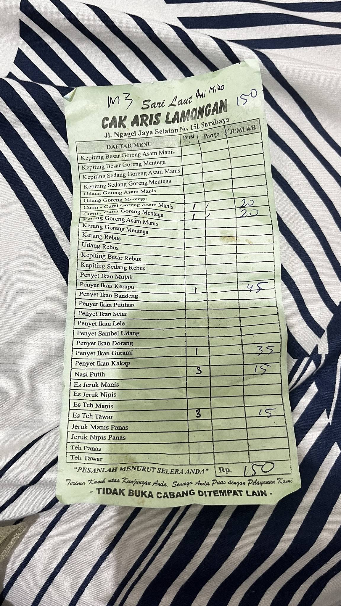 Carta del restaurante Sari Laut Cak Aris Khas Lamongan, Surabaya