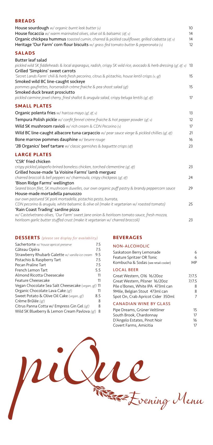 Menu at Pique cafe, Saskatoon