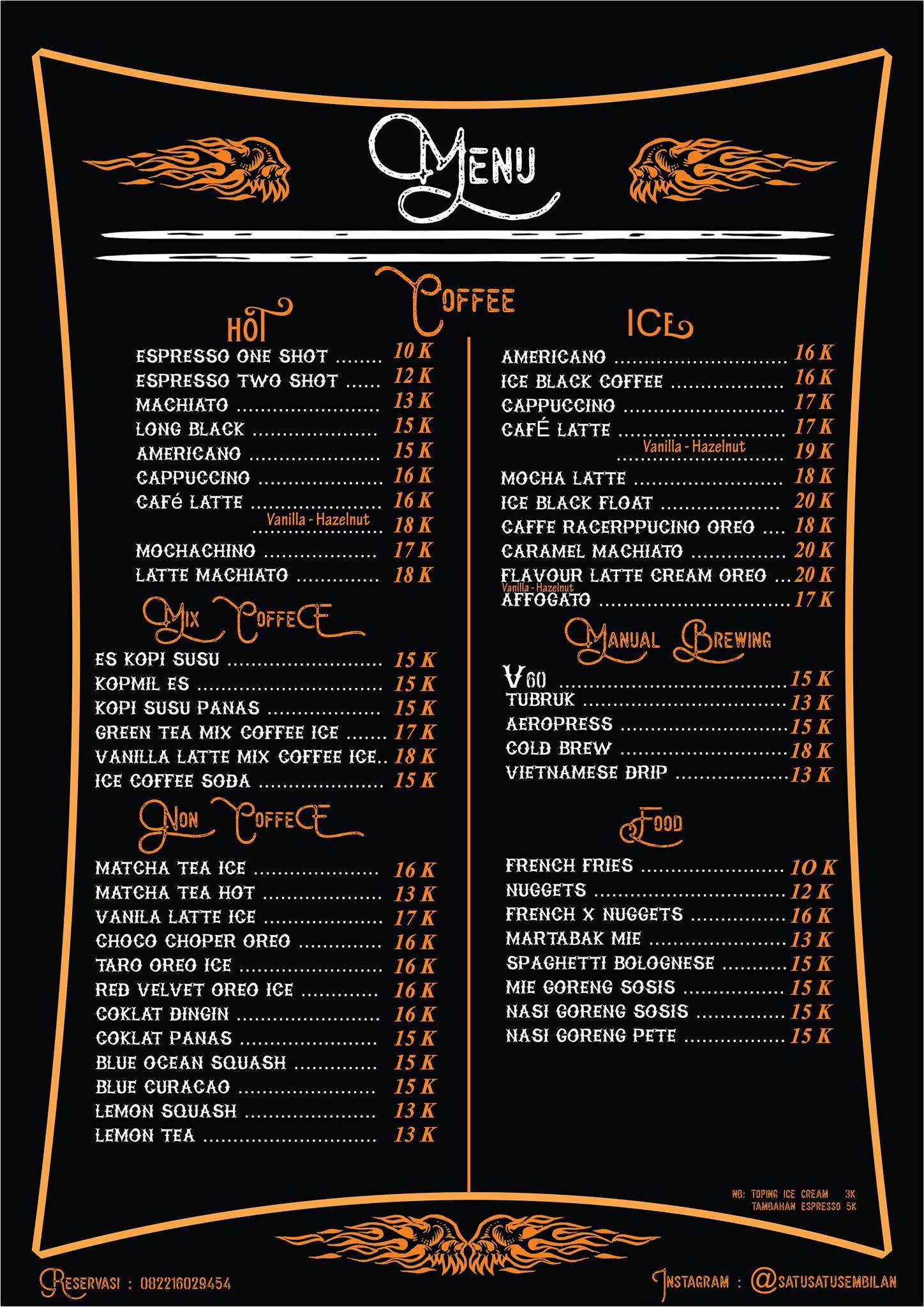 Menu at Satusatusembilan Coffee, Solok