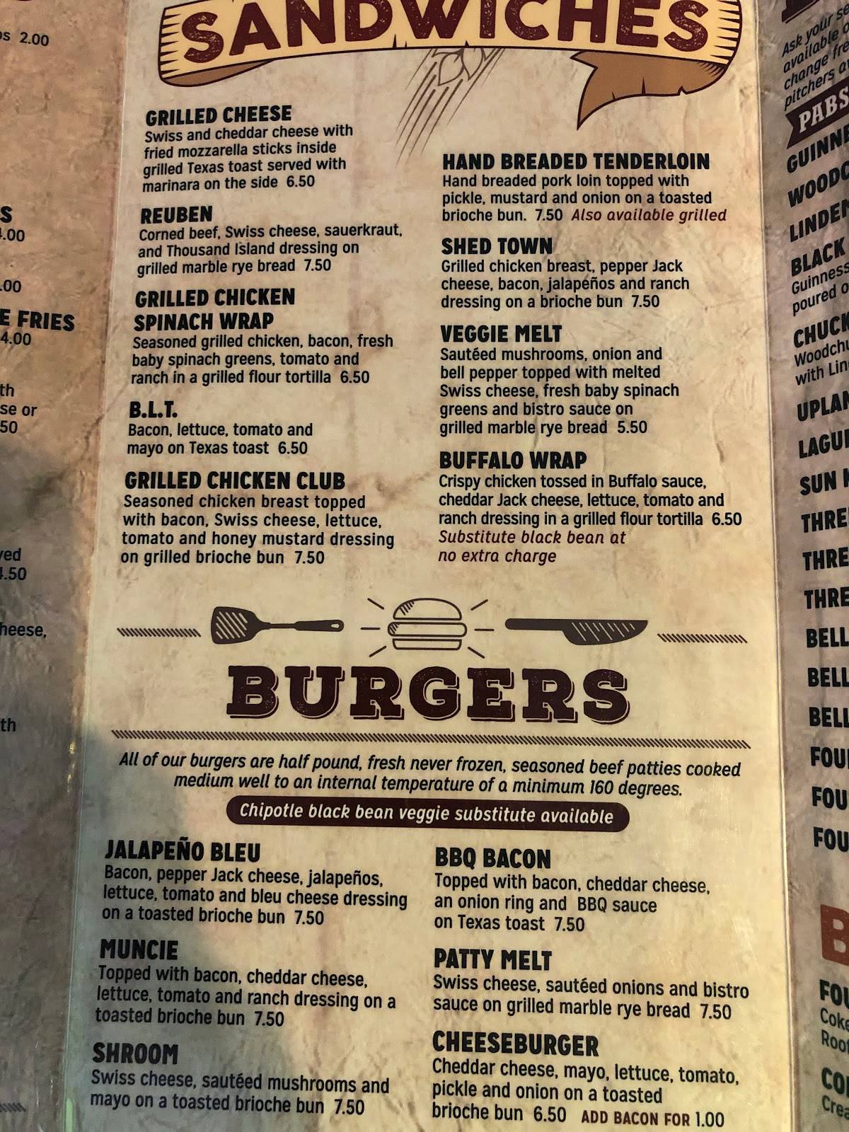 Menu at Savage's Ale House pub & bar, Muncie