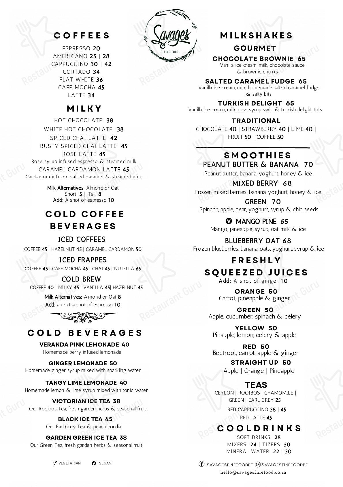 Menu at Savages Fine Food restaurant, Port Elizabeth