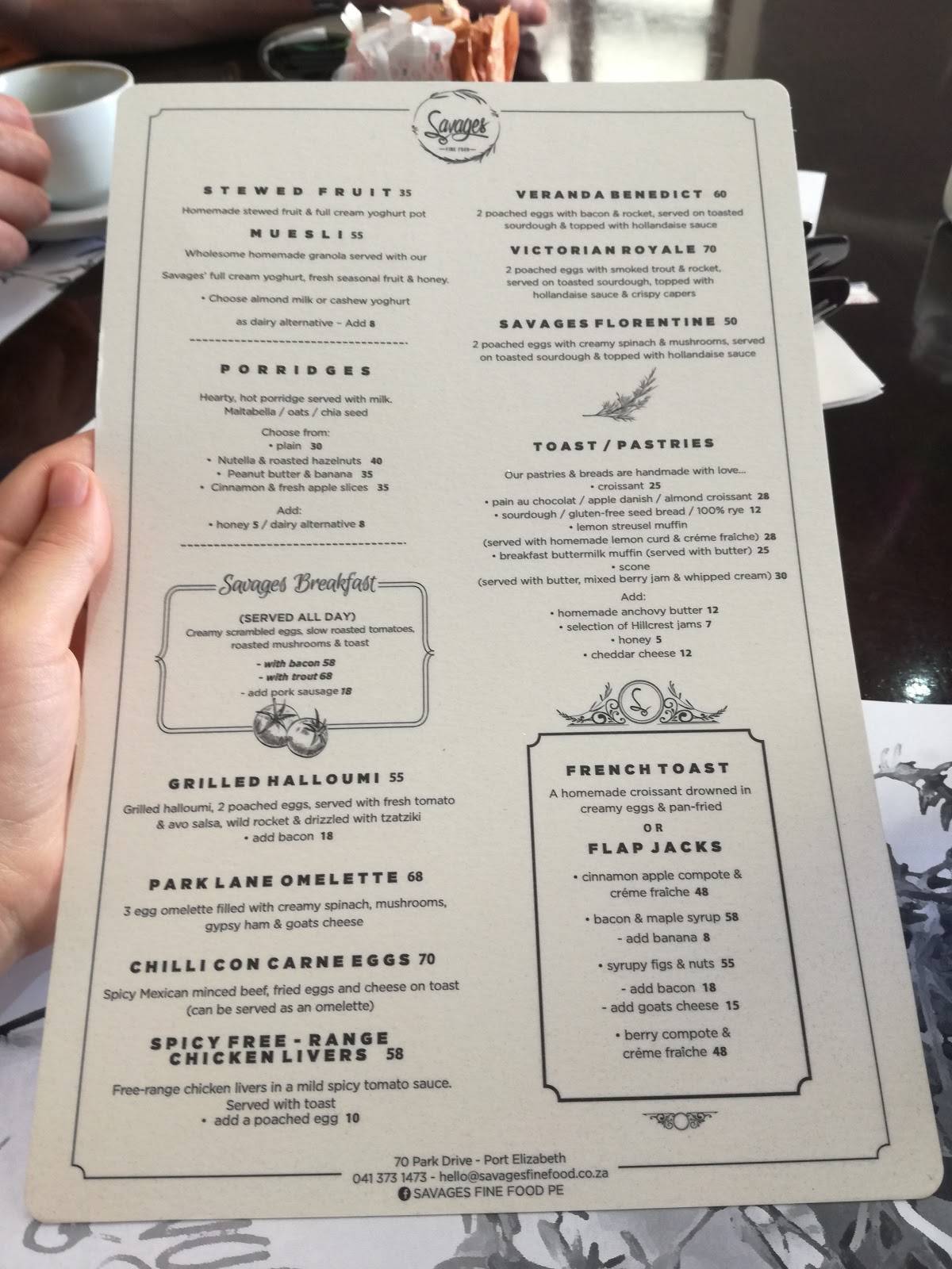 Menu at Savages Fine Food restaurant, Port Elizabeth