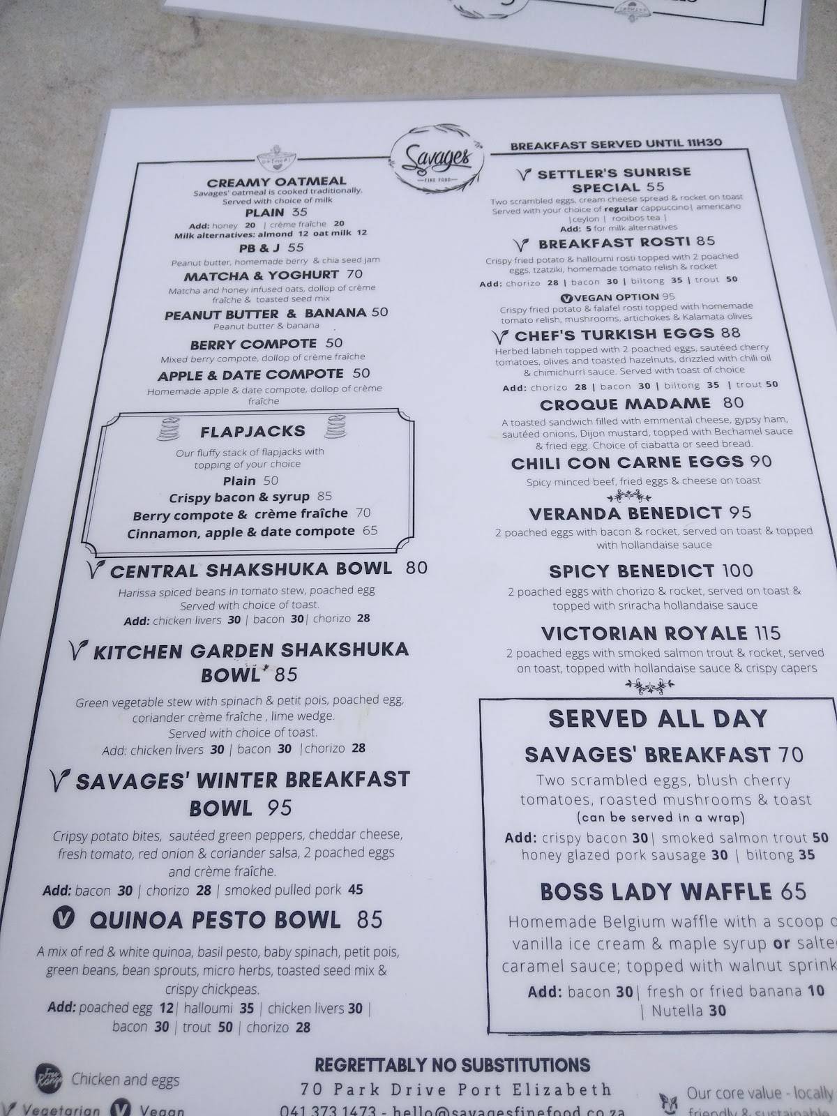 Menu at Savages Fine Food restaurant, Port Elizabeth
