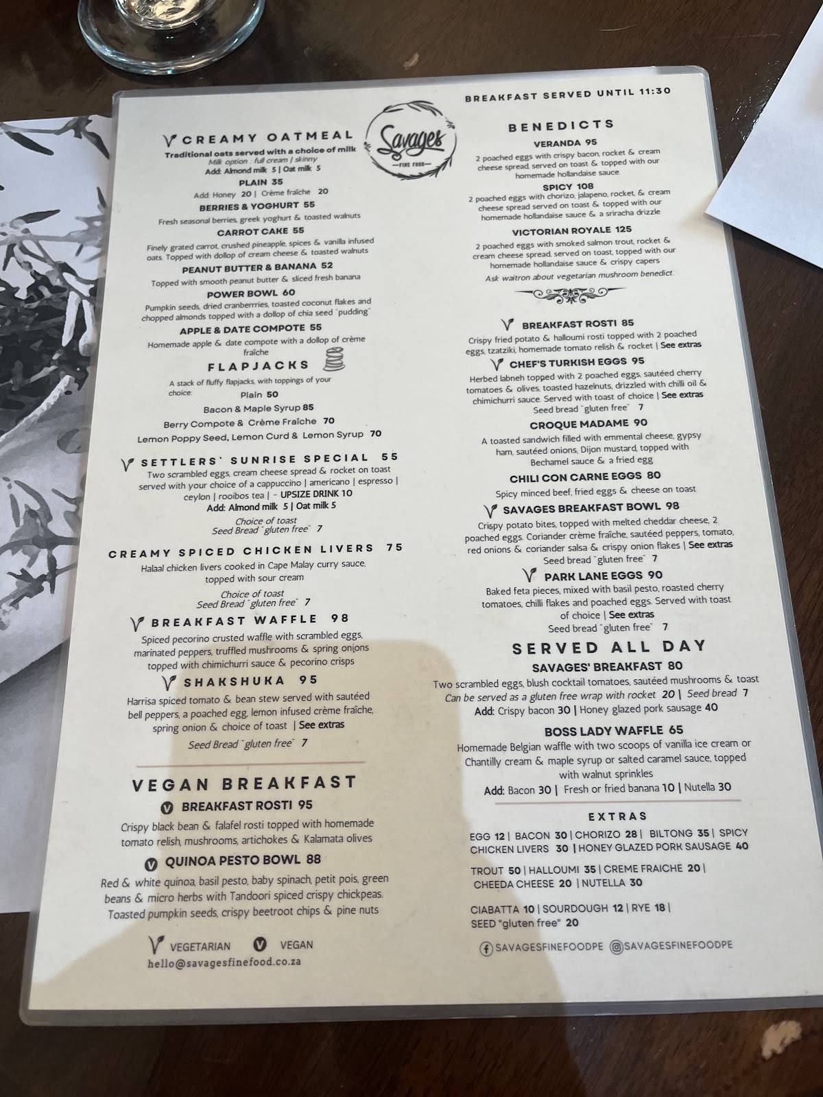 Menu at Savages Fine Food restaurant, Port Elizabeth