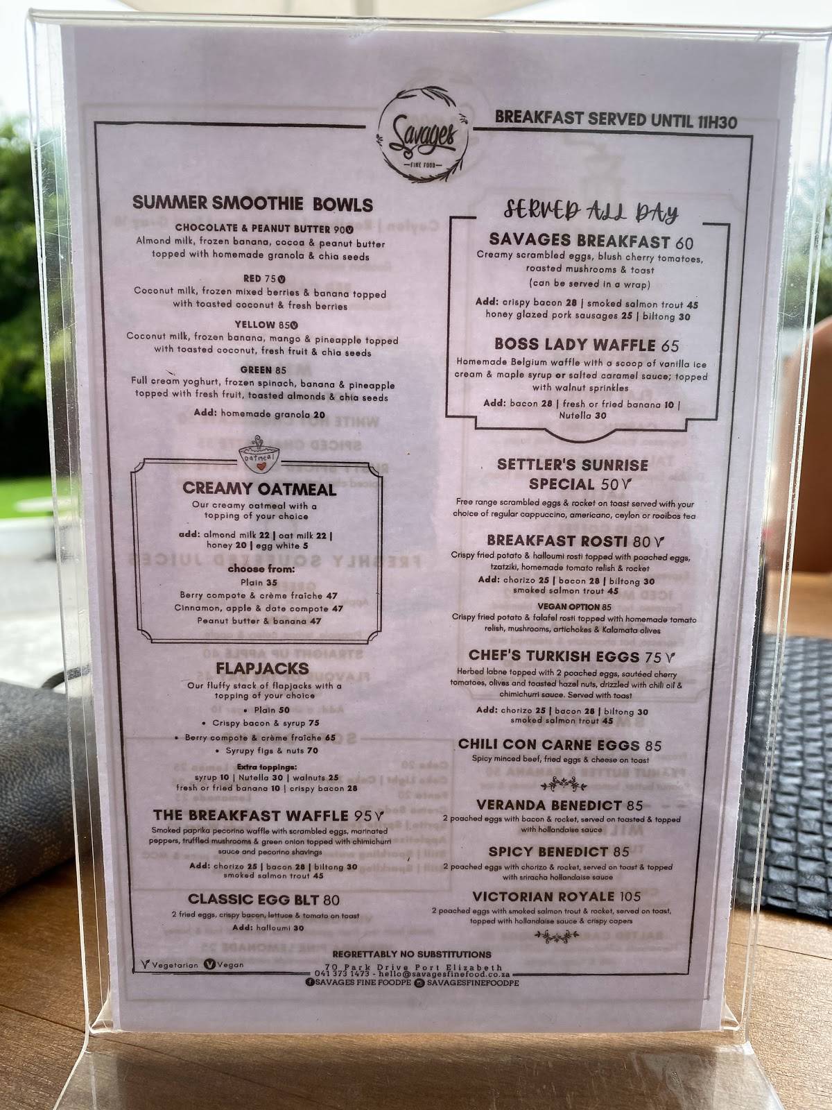 Menu at Savages Fine Food restaurant, Port Elizabeth