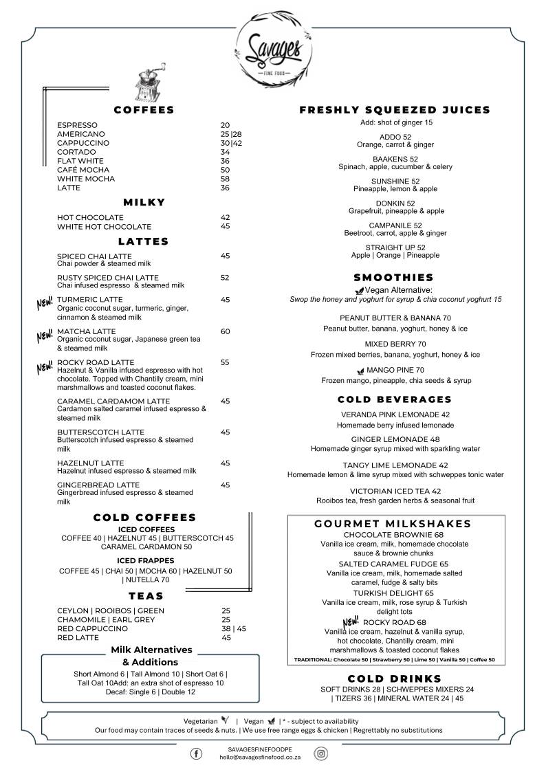 Menu at Savages Fine Food restaurant, Port Elizabeth