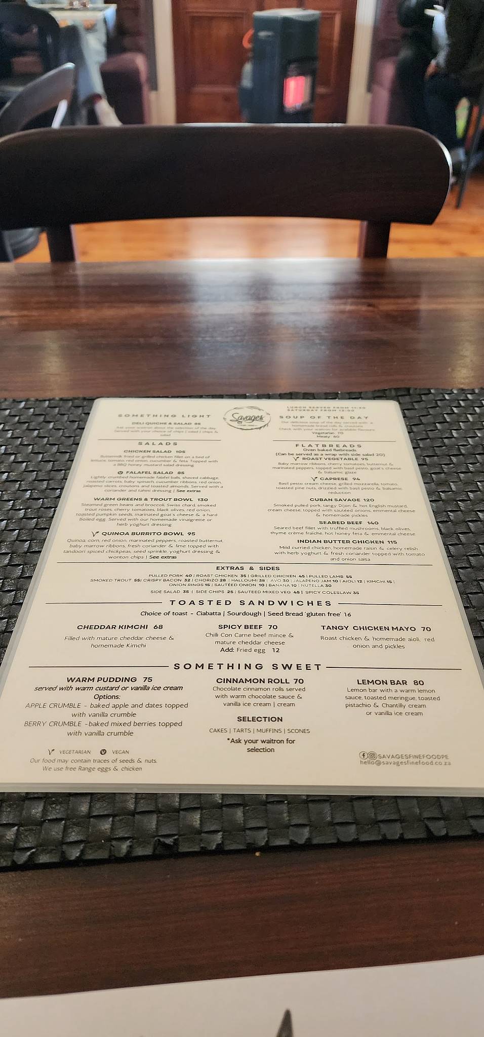Menu at Savages Fine Food restaurant, Port Elizabeth