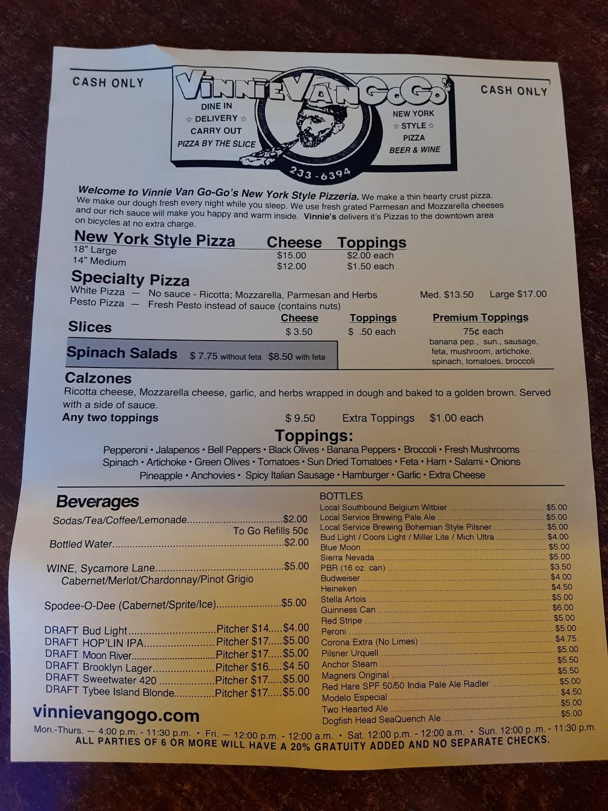 Menu at Vinnie Van GoGo's pizzeria, Savannah