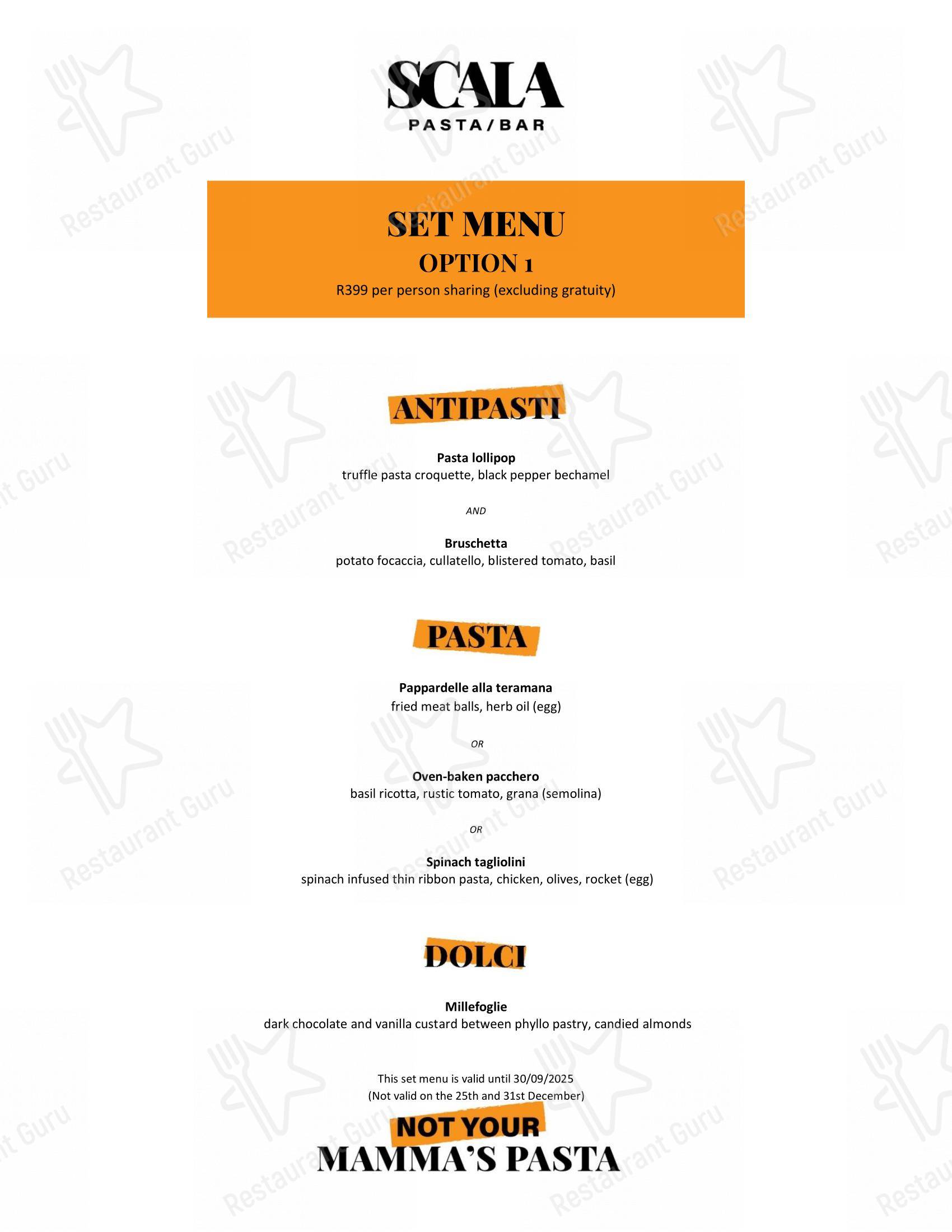 Menu at Scala Pasta / Bar, Cape Town