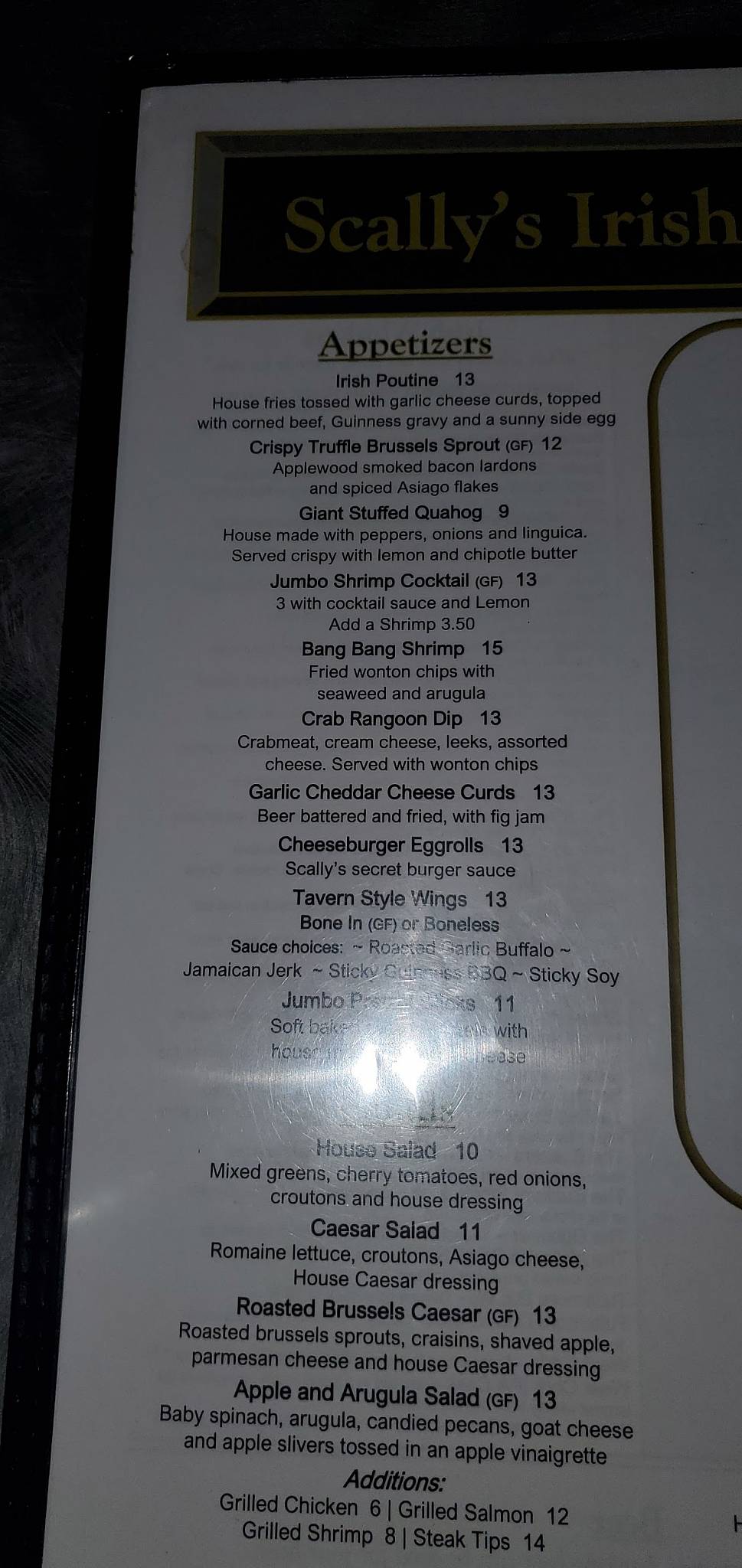 Menu at Scally's Irish Ale House pub & bar, Yarmouth