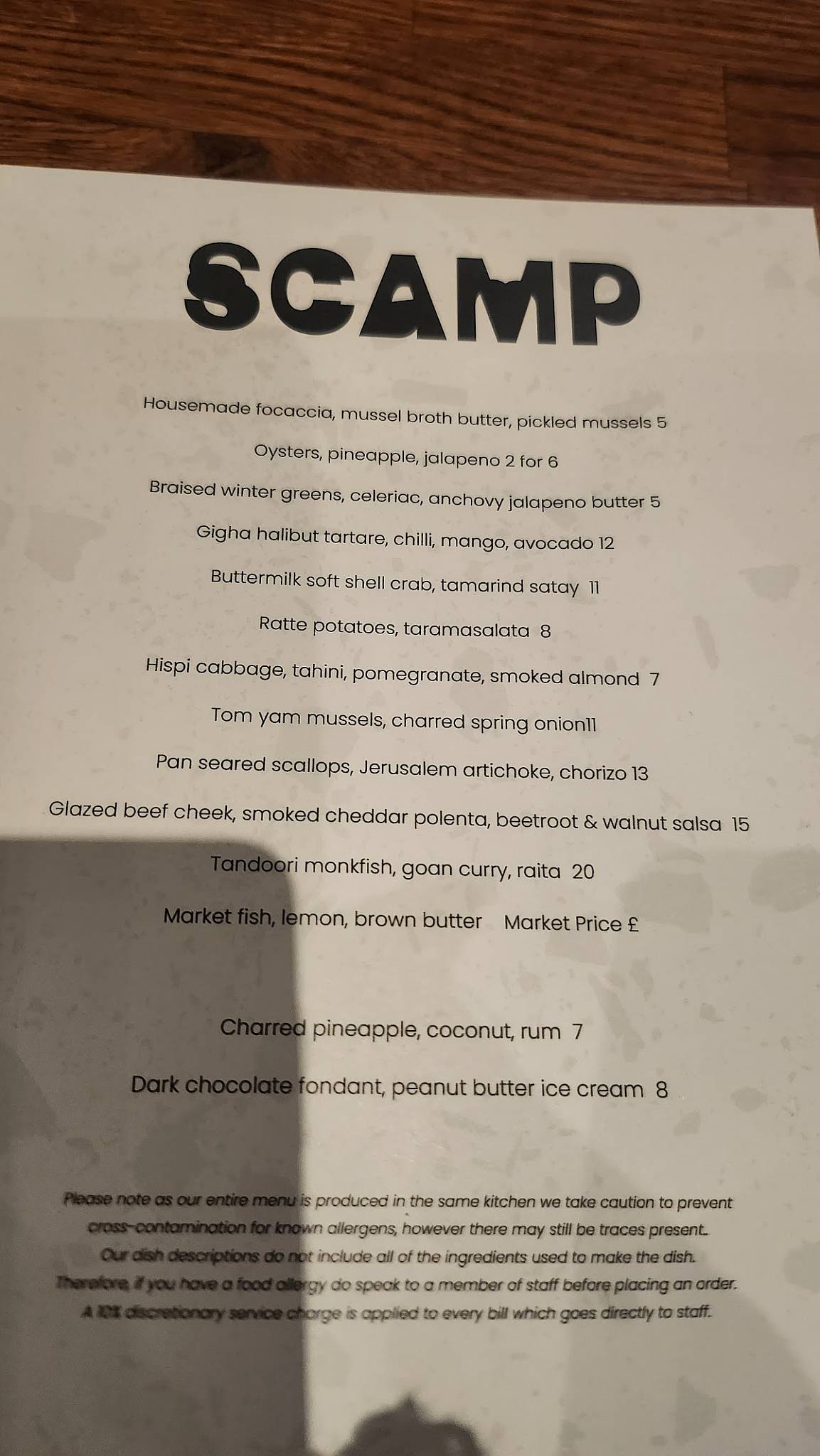 Menu at Scamp restaurant, Glasgow