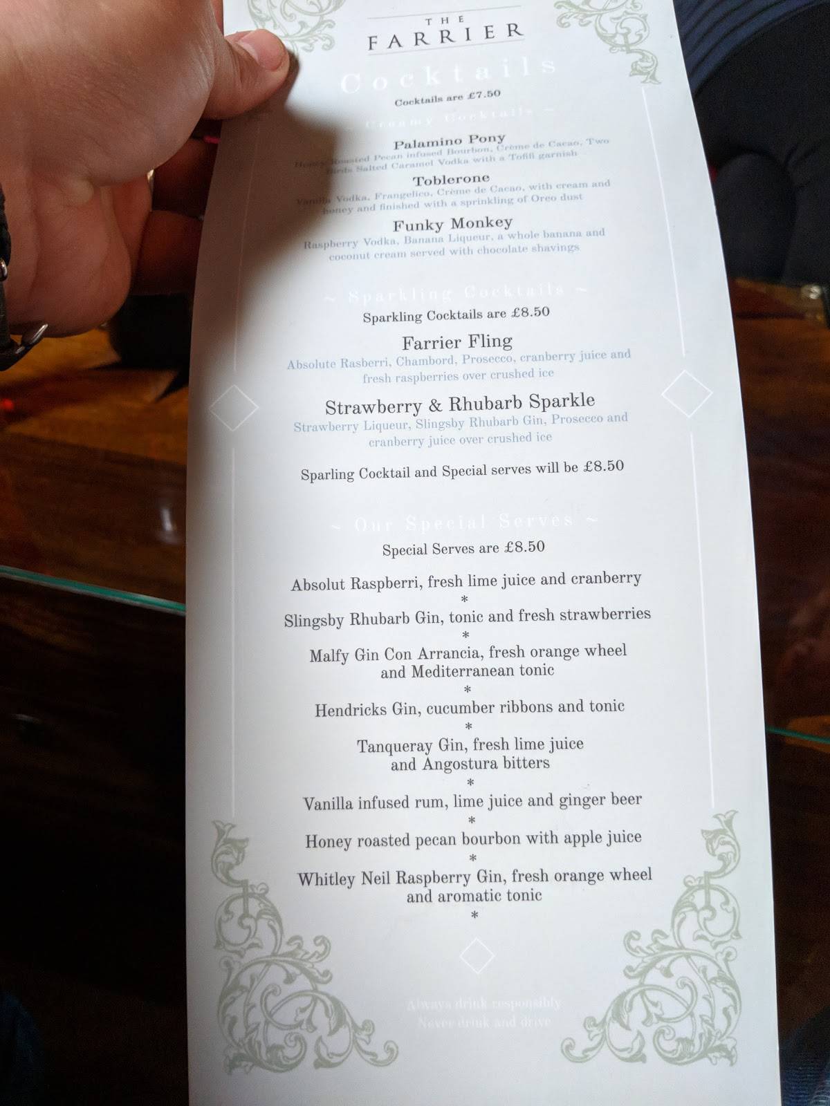 Menu at The Farrier restaurant, Scarborough