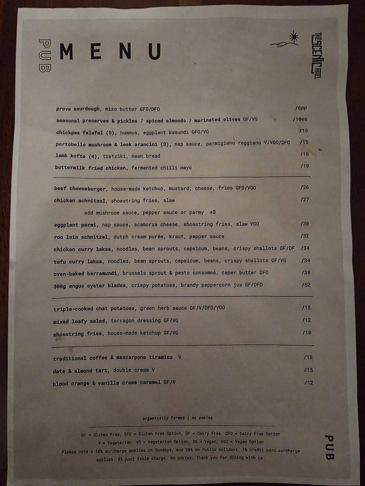 Menu at Scenic Hotel pub & bar, Norton Summit