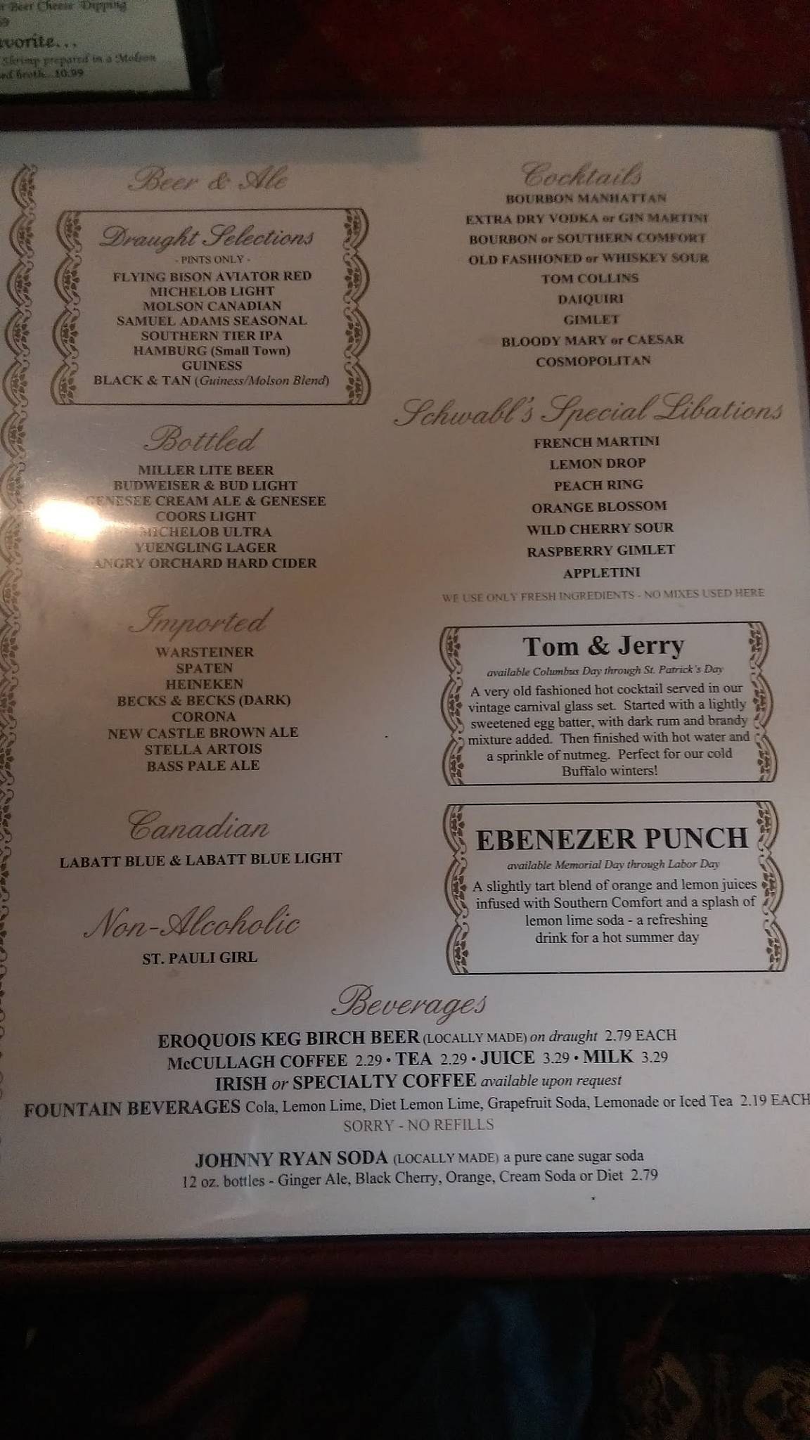 Menu at Schwabl's restaurant, West Seneca