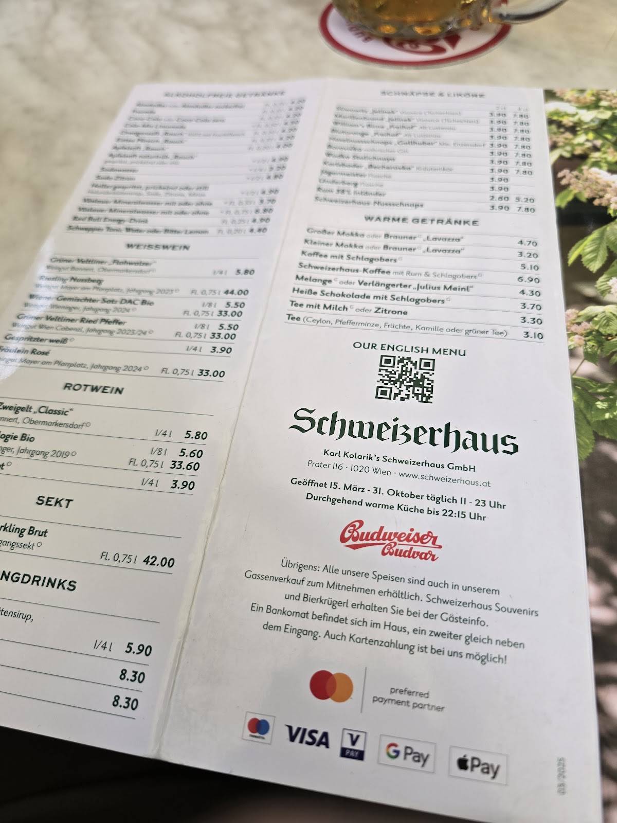 Menu at Schweizerhaus pub & bar, Vienna