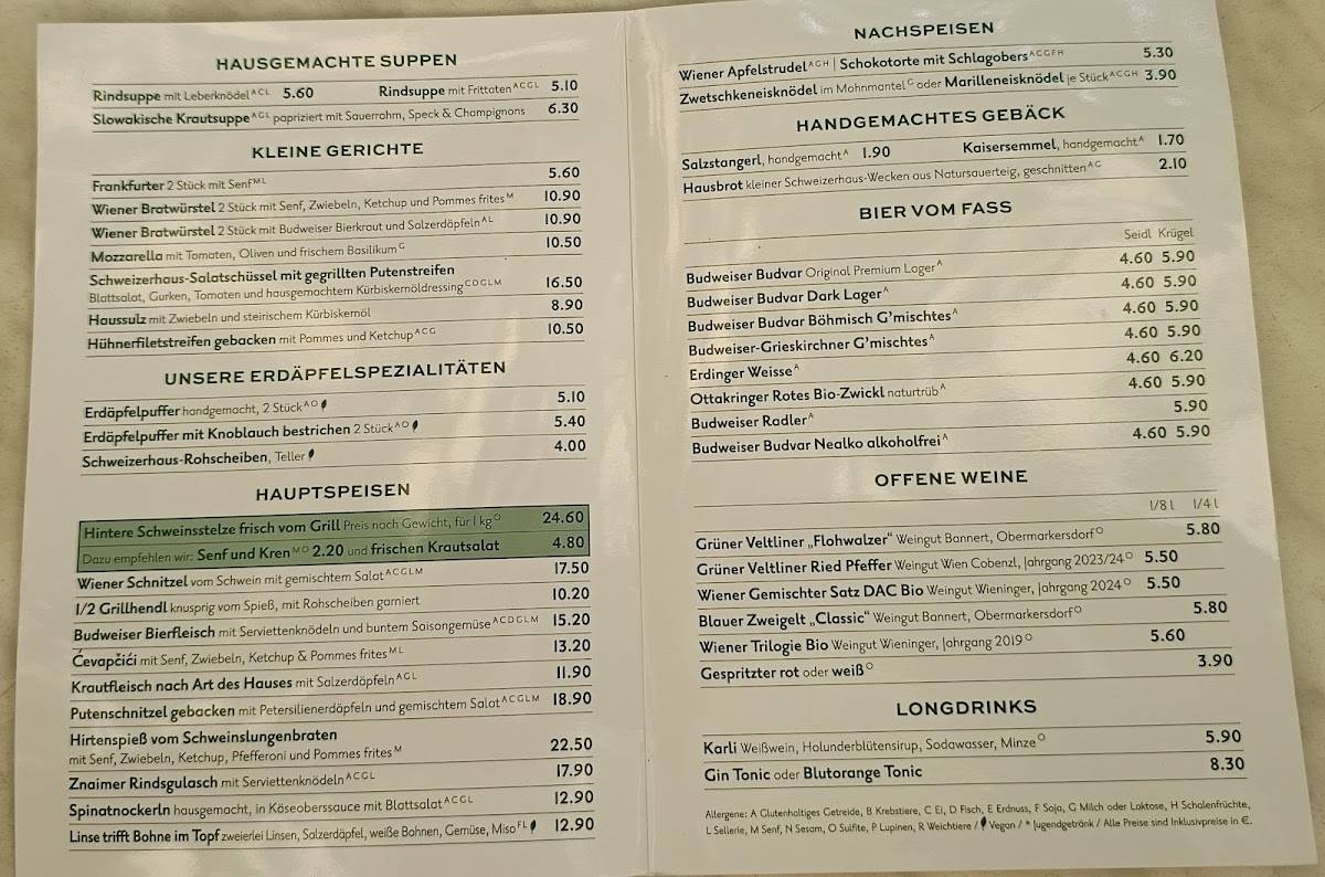 Speisekarte von Schweizerhaus pub & Bar, Wien